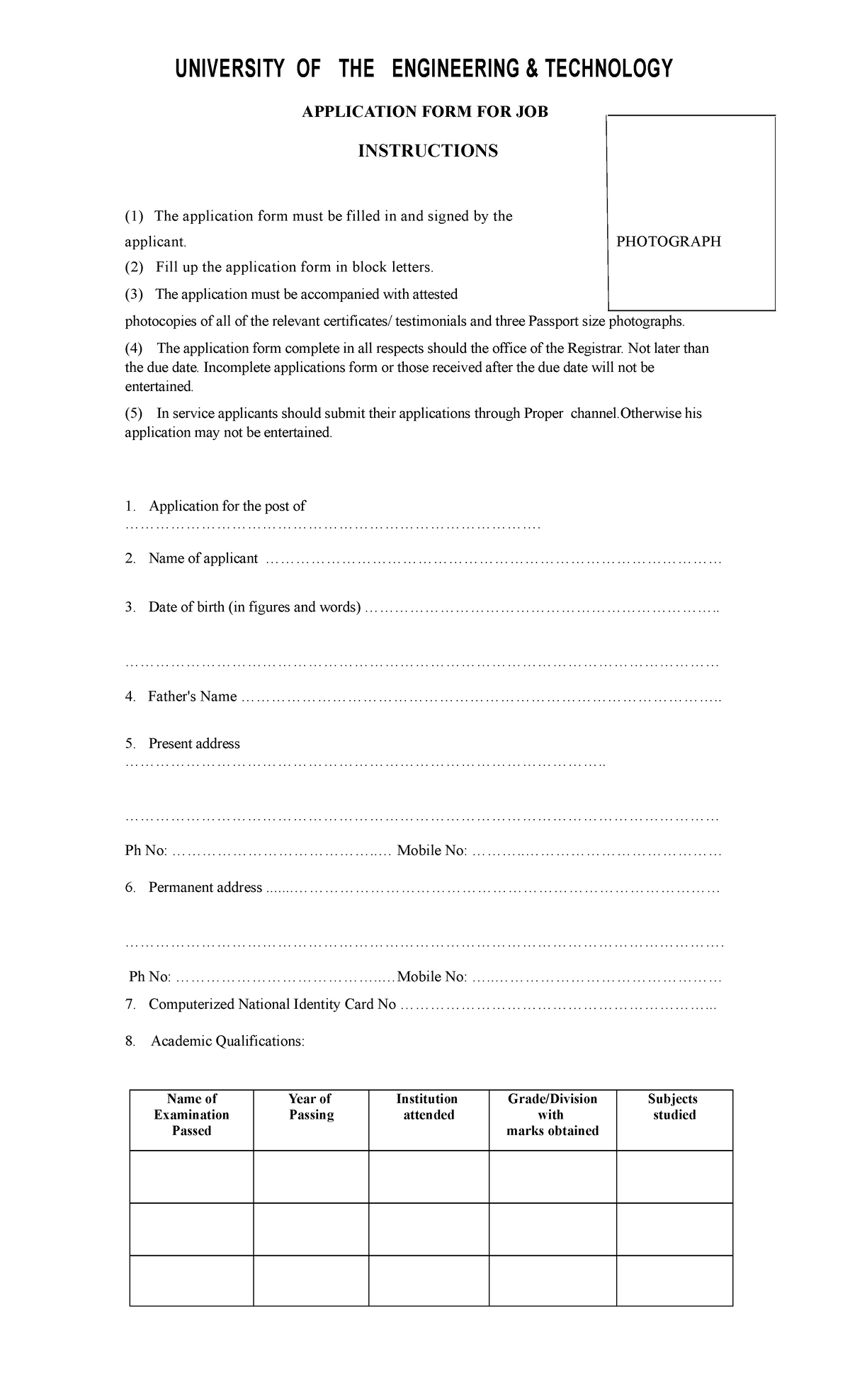 Application-form for BS1-15 - UNIVERSITY OF THE ENGINEERING ...