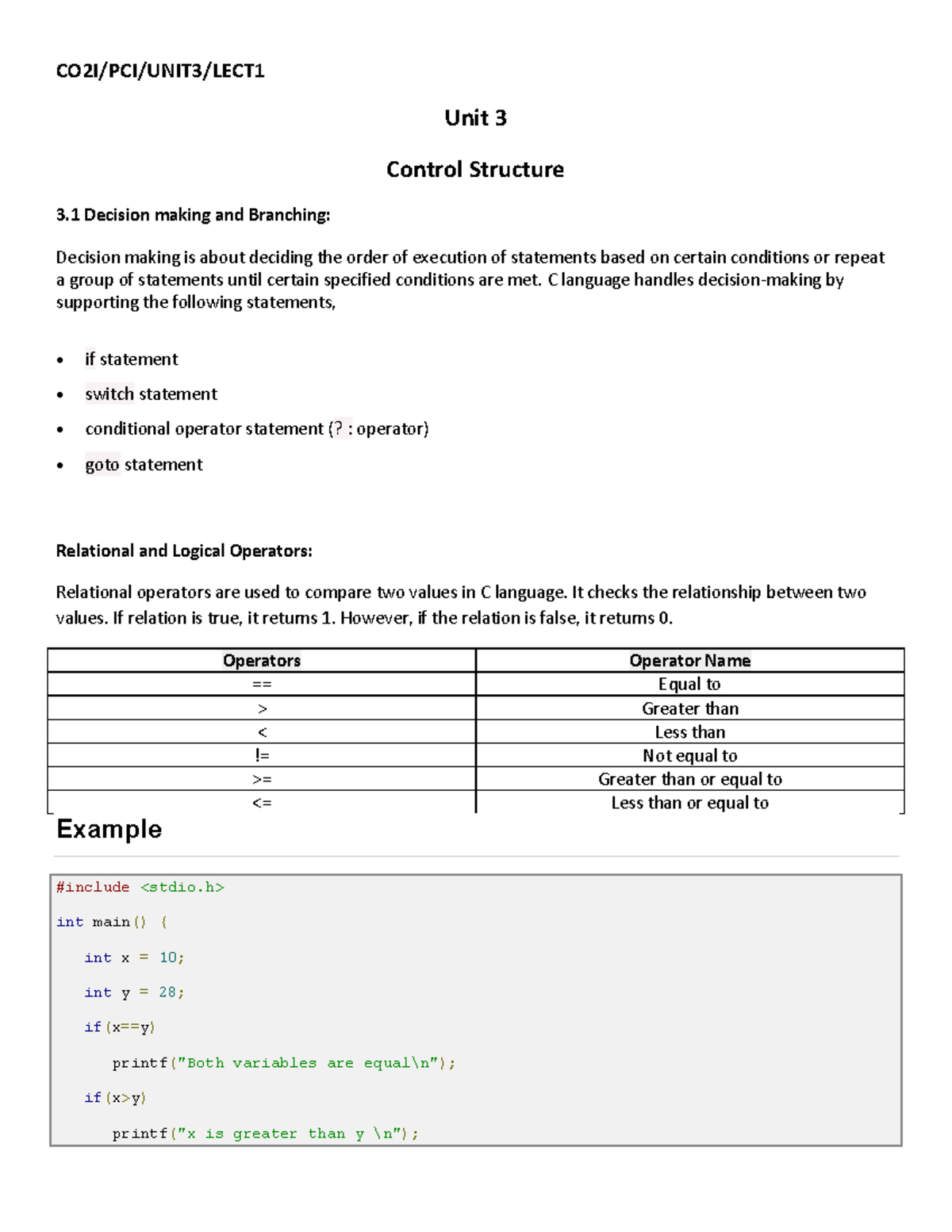Control Structure- C-programming notes with programs, qeustion paper ...