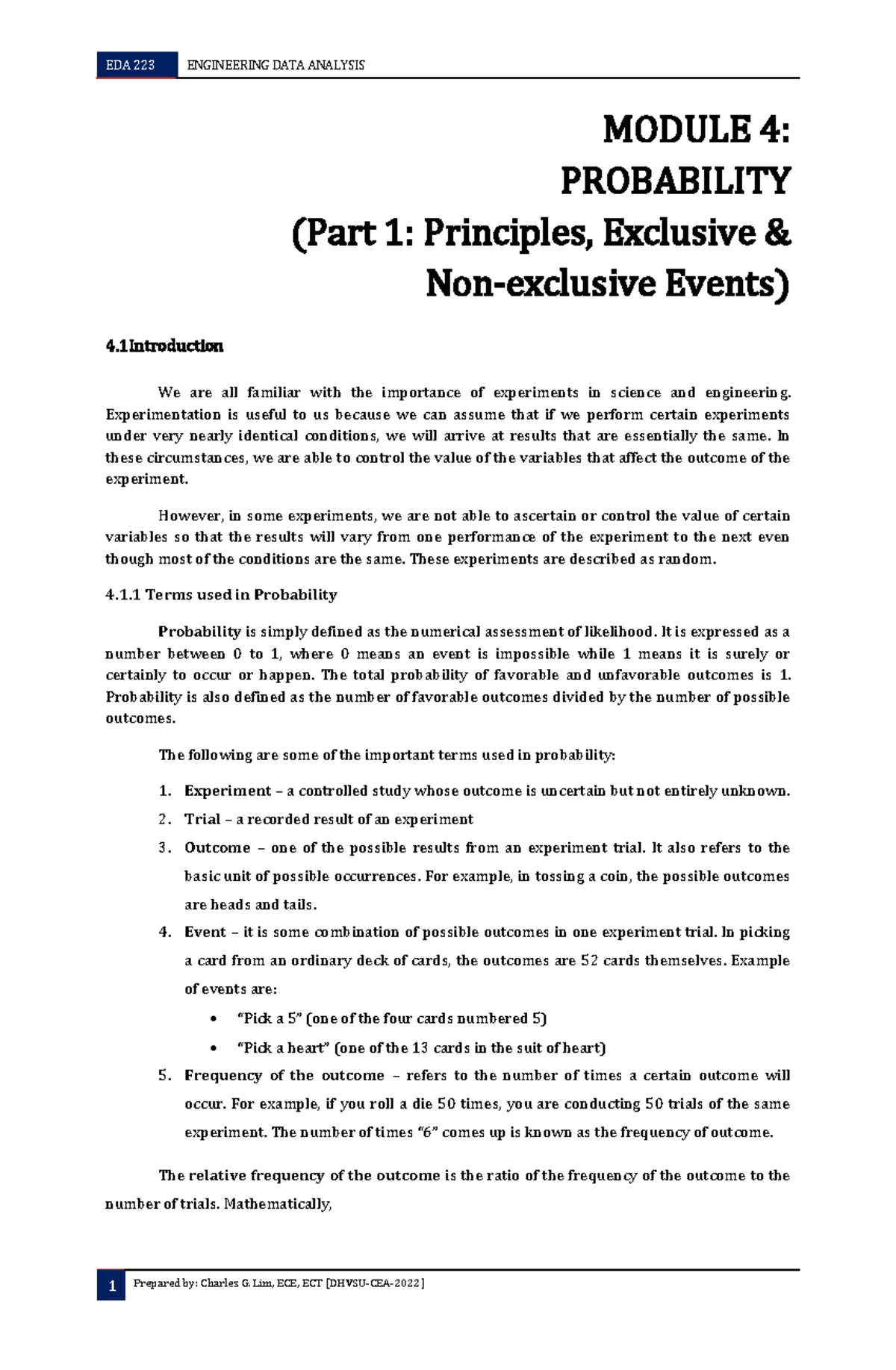 EDA Module 4 Probability Part 1 - MODULE 4 : PROBABILITY (Part 1: Principles, Exclusive & - Studocu