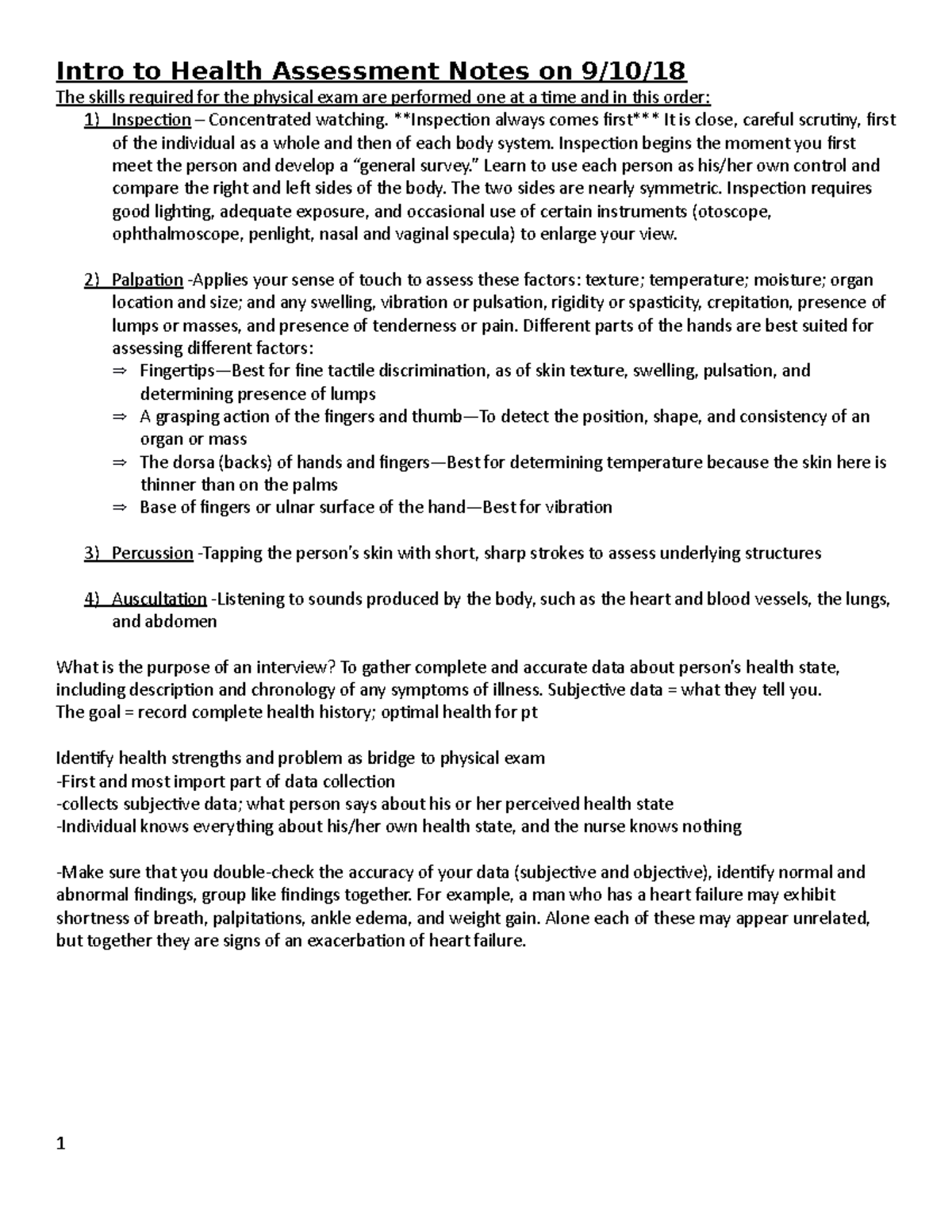 Health Assessment Exam 1 Notes - Intro to Health Assessment Notes on 9 ...