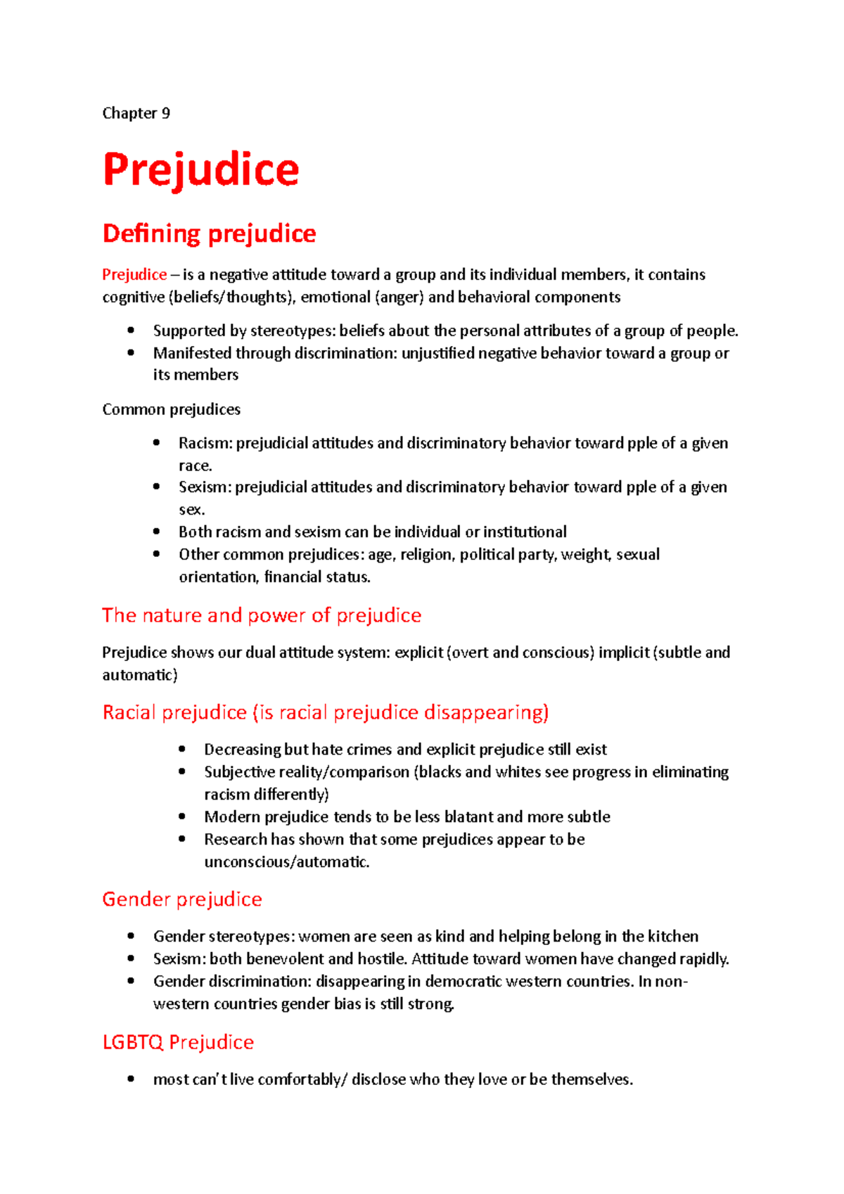 Social psych Chapter 9 - Chapter 9 Prejudice Defining prejudice ...