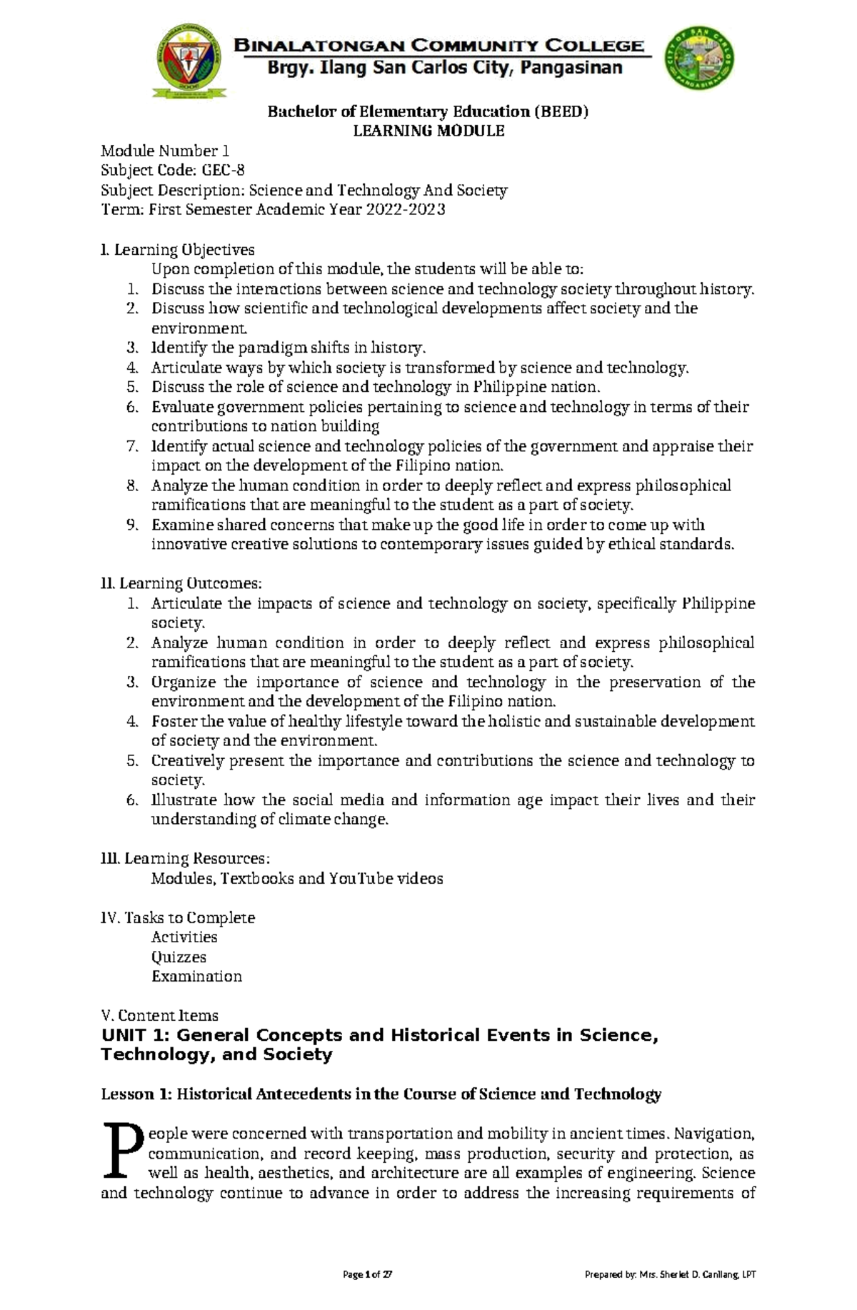 STS-Module - none - Bachelor of Elementary Education (BEED) LEARNING ...