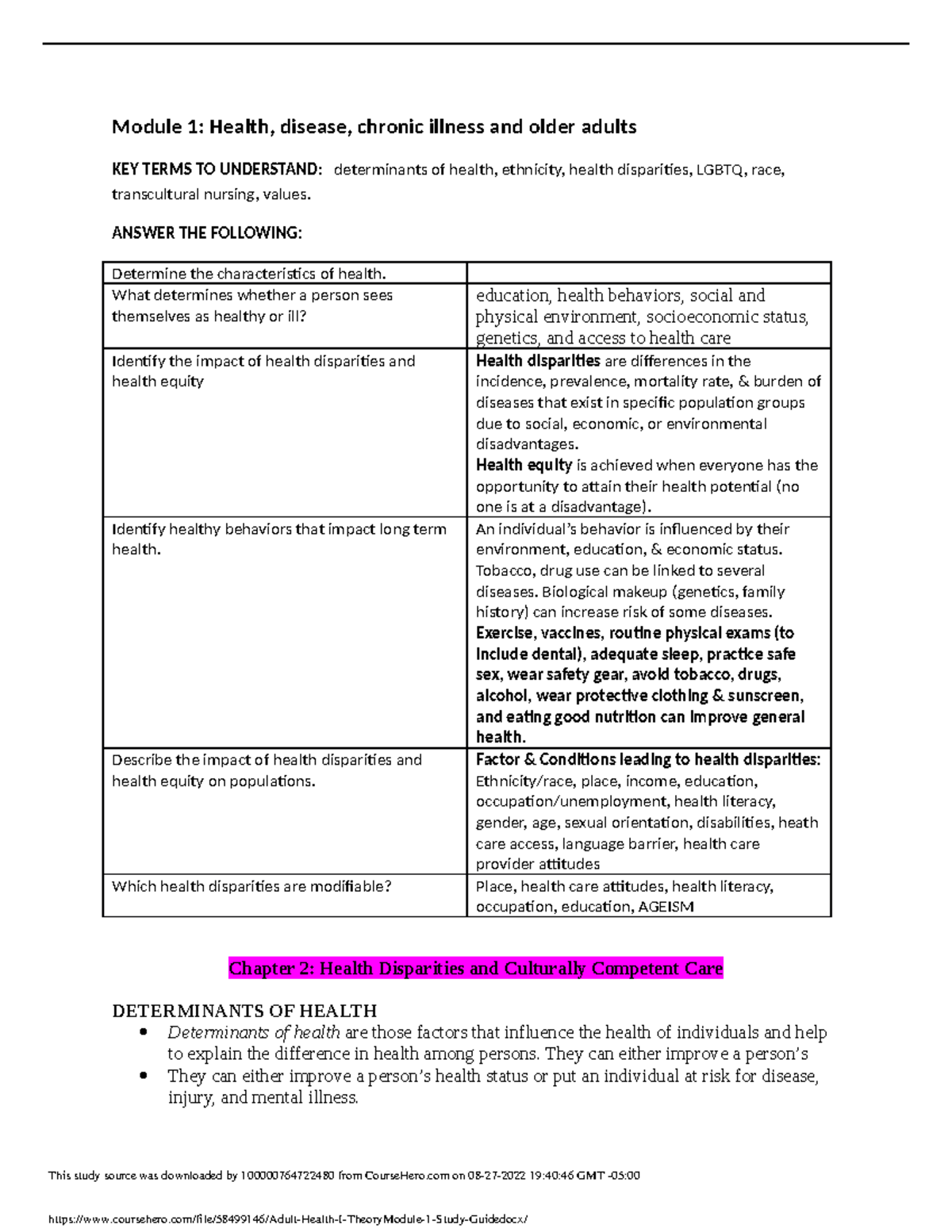 Adult Health I Theory - Module 1: Health, disease, chronic illness and ...