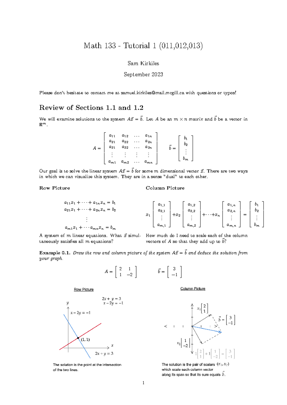 Sam Tutorial 1 - Math 133 - Tutorial 1 (011,012,013) Sam Kirkiles September 2023 Please don’t ...