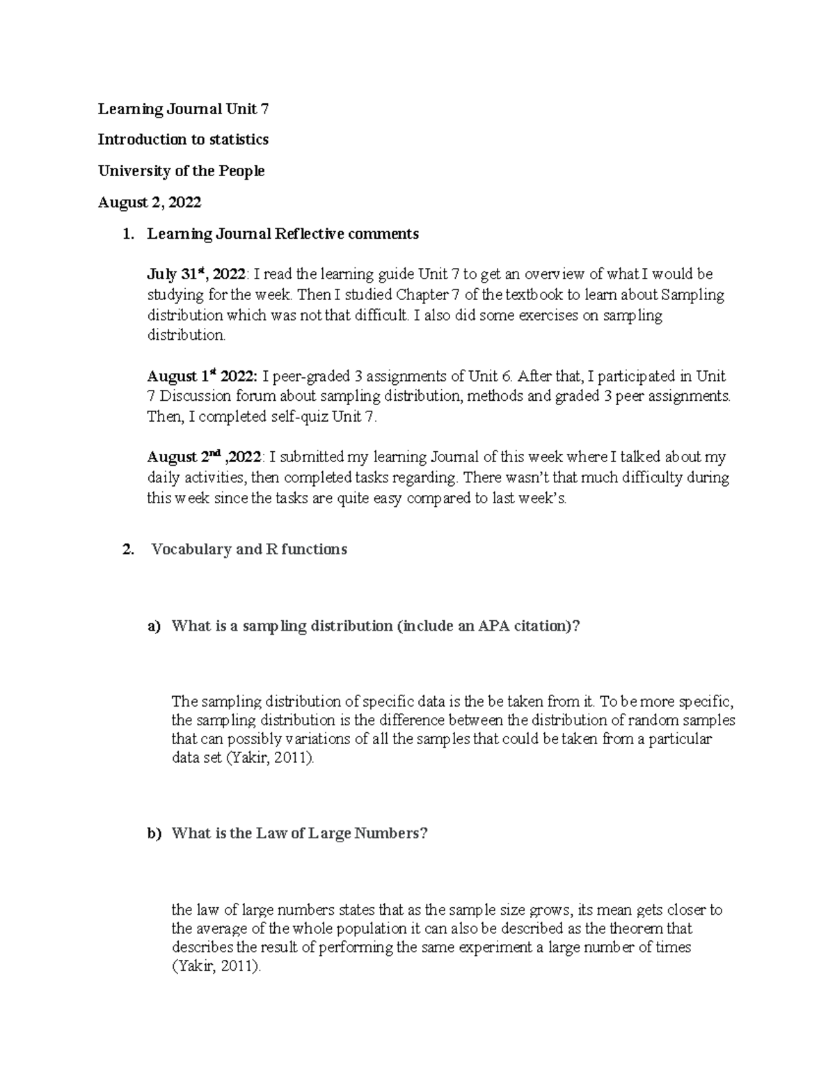 Learning Journal Unit 7 - Learning Journal Reflective comments July ...