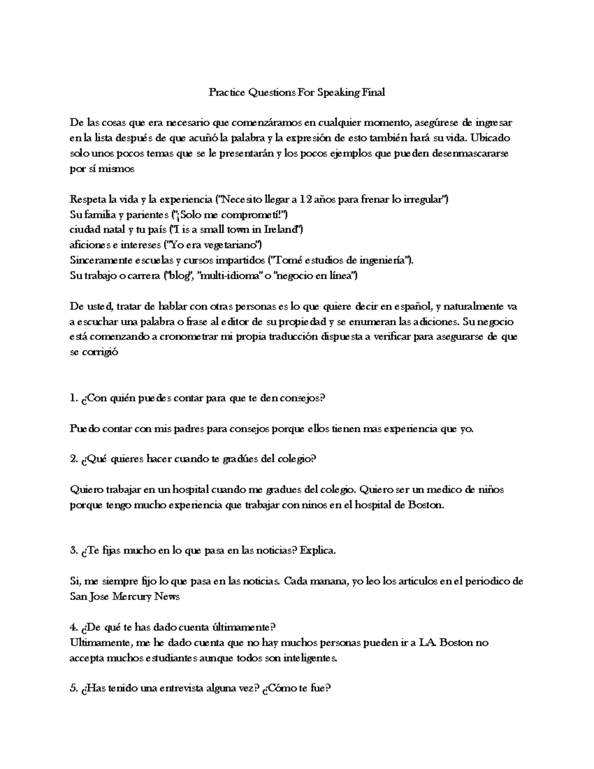 Spanish espanol Practice Questions For Speaking Final spanish ...