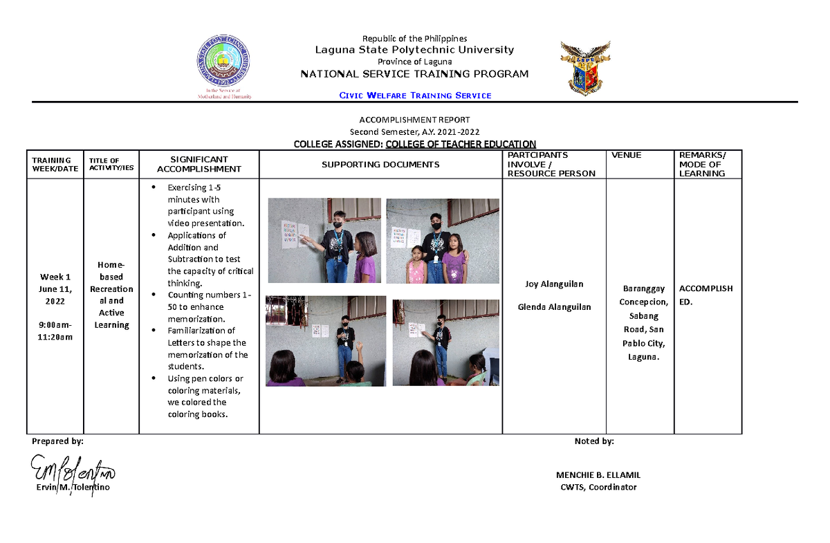 CWTS (Social Mobilization) Tolentino BSED Filipino 1A - Republic of the Philippines Laguna State ...