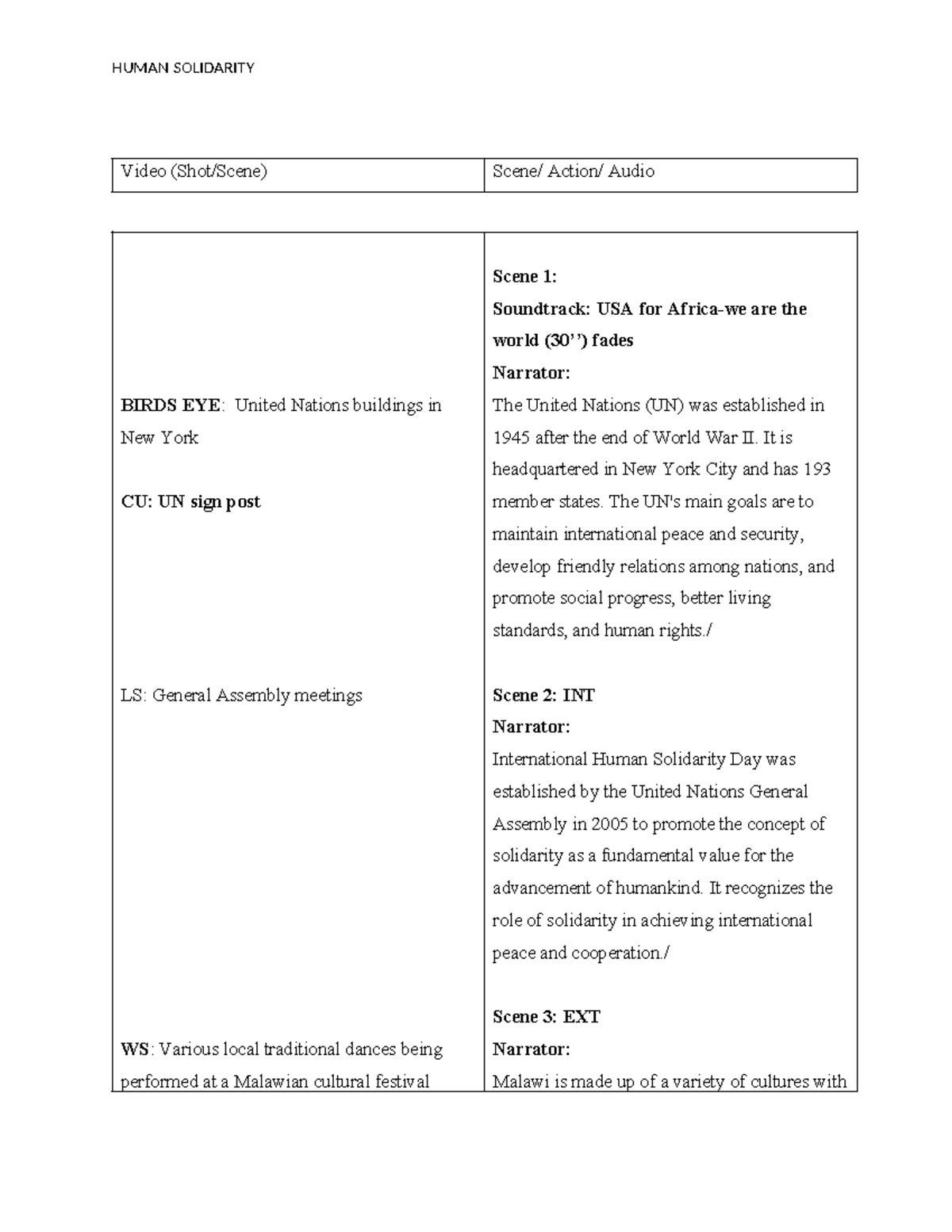 Human Solidarity DAY Script - Video (Shot/Scene) Scene/ Action/ Audio ...
