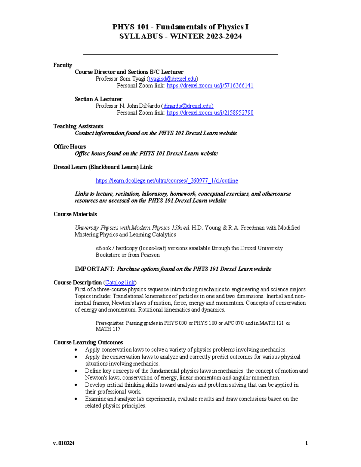 Physics syllabus - SYLLABUS - WINTER 2023 - 2024 - Studocu