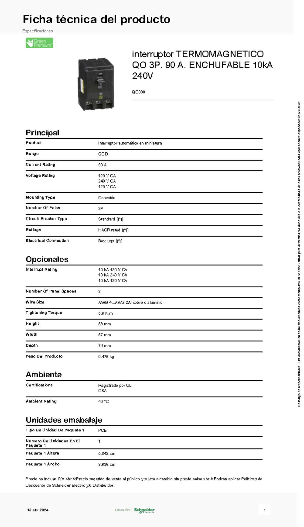Schneider Electric Interruptores-termomagnéticos-QO-QOB QO390 ...