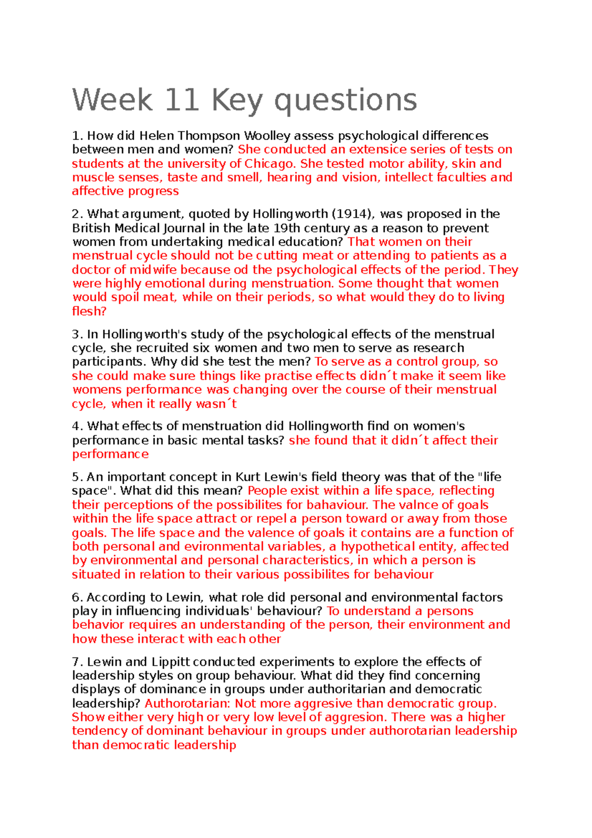 Week 11 Key questions - Week 11 Key questions How did Helen Thompson ...