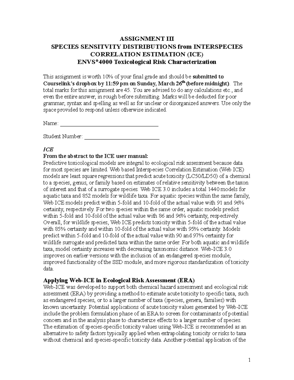 ENVS 4000 Assignment III - SSD from ICE - updated for 2023 - ASSIGNMENT III SPECIES SENSITVITY ...