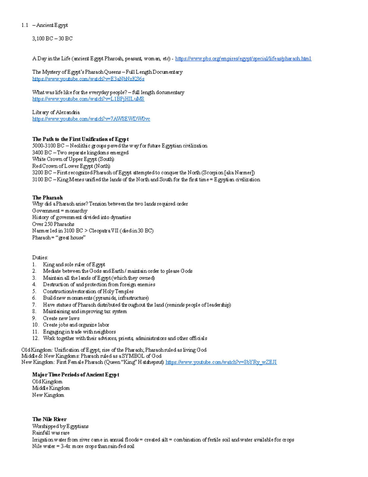 1.1 - Ancient Egypt - 1 – Ancient Egypt 3,100 BC – 30 BC A Day in the ...