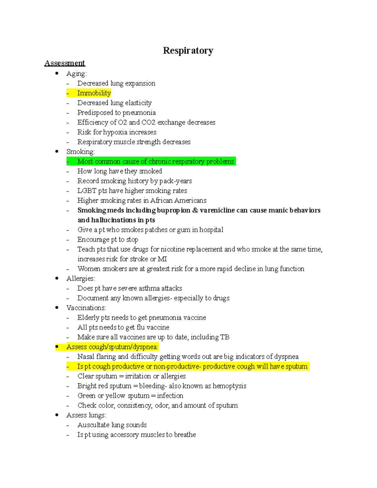 Chap 24, 25, 26, 27 Respiratory EXAM Review - Respiratory Assessment ...