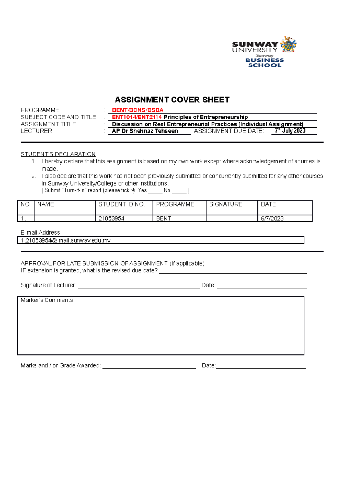 ENT 1014 individual assignment - ASSIGNMENT COVER SHEET PROGRAMME ...