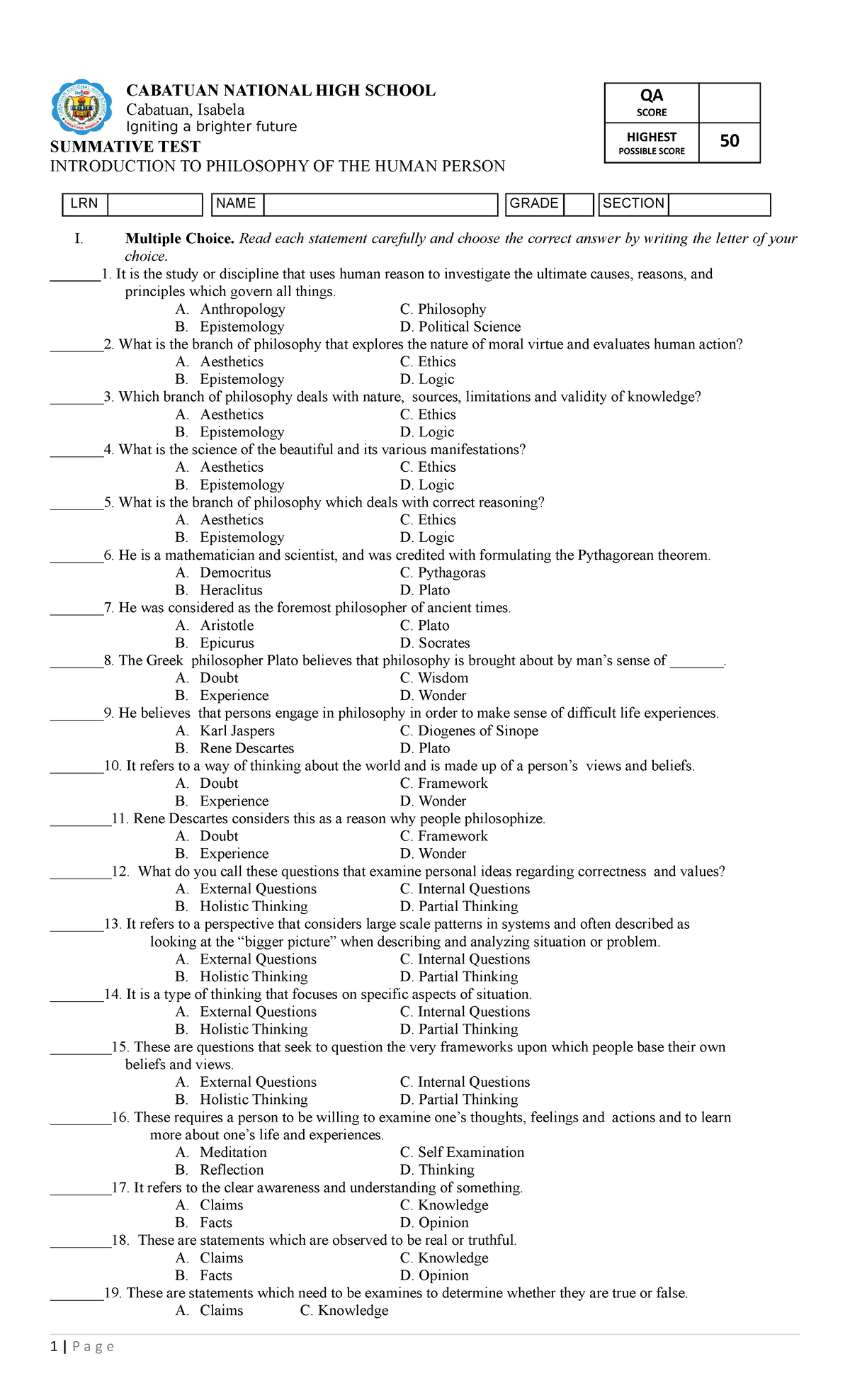 Summative TEST Introduction TO Philosophy OF THE Human Person