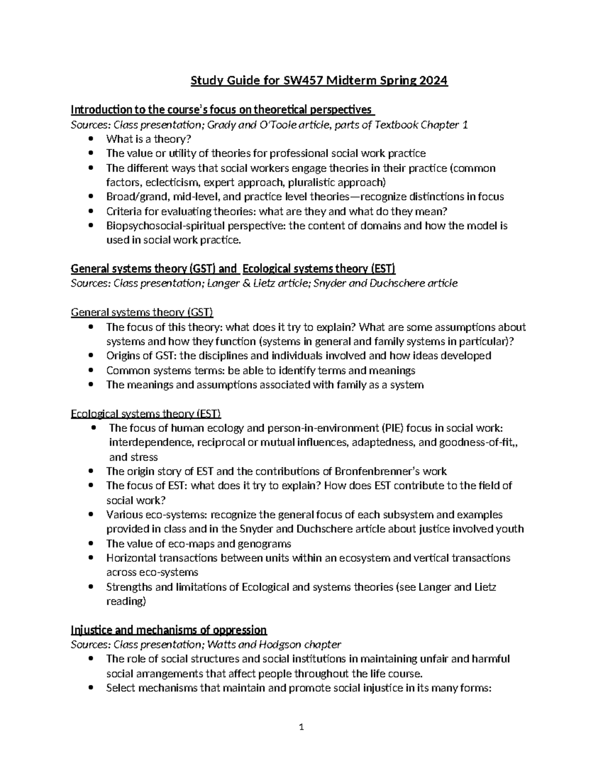 SW457 Study Guide for Midterm - Study Guide for SW457 Midterm Spring 2024 Introduction to the ...