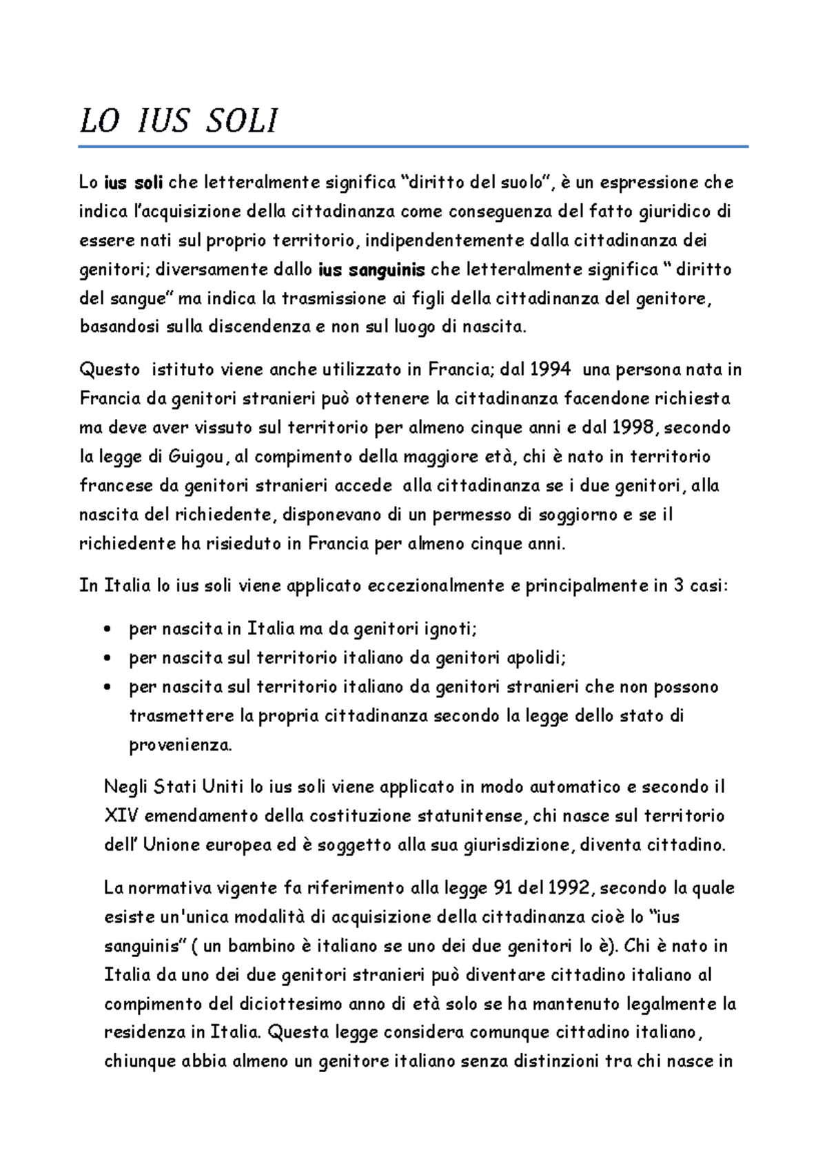 LO IUS SOLI - Diritto privato - LO IUS SOLI Lo ius soli che ...