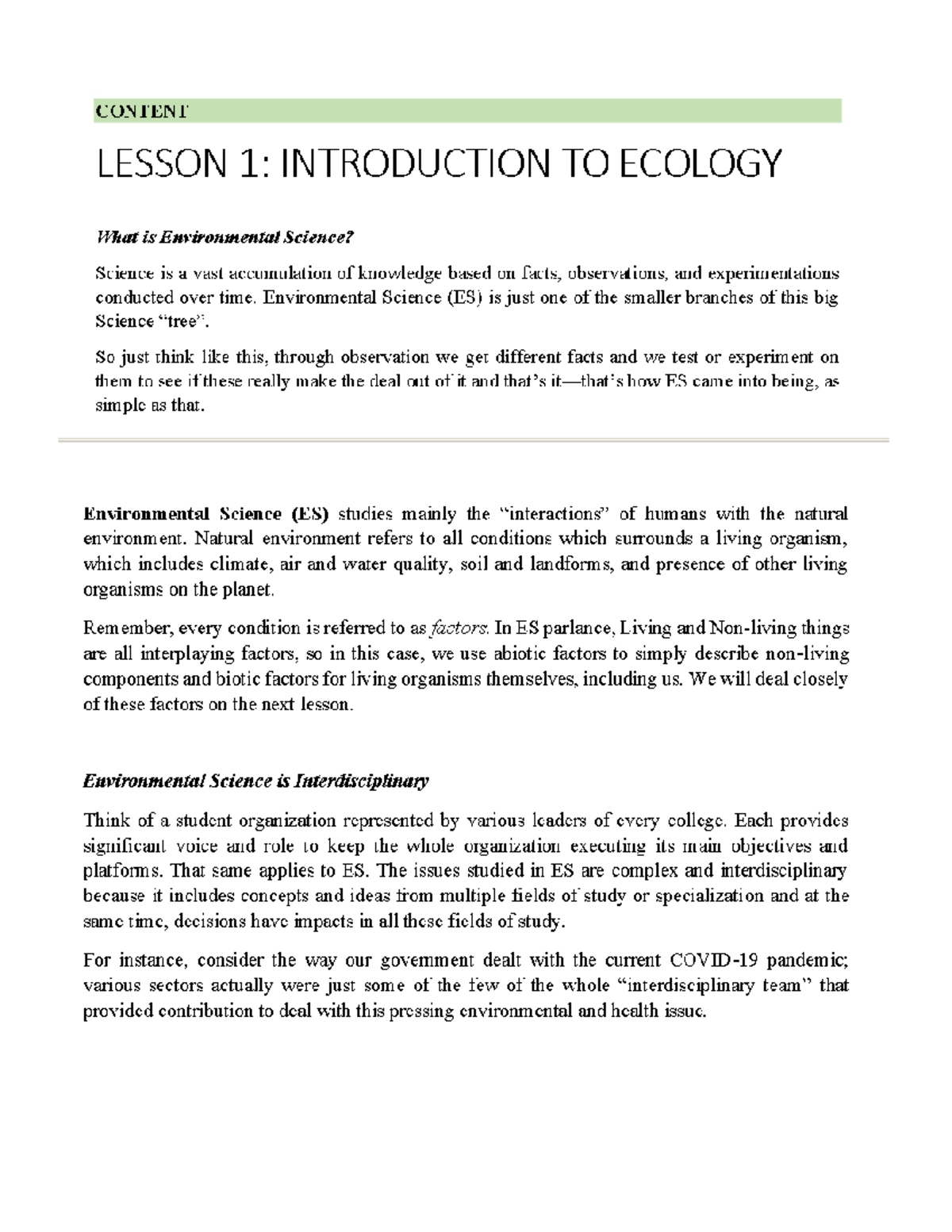 Mathematics. Science, and Technology - CONTENT LESSON 1: INTRODUCTION ...