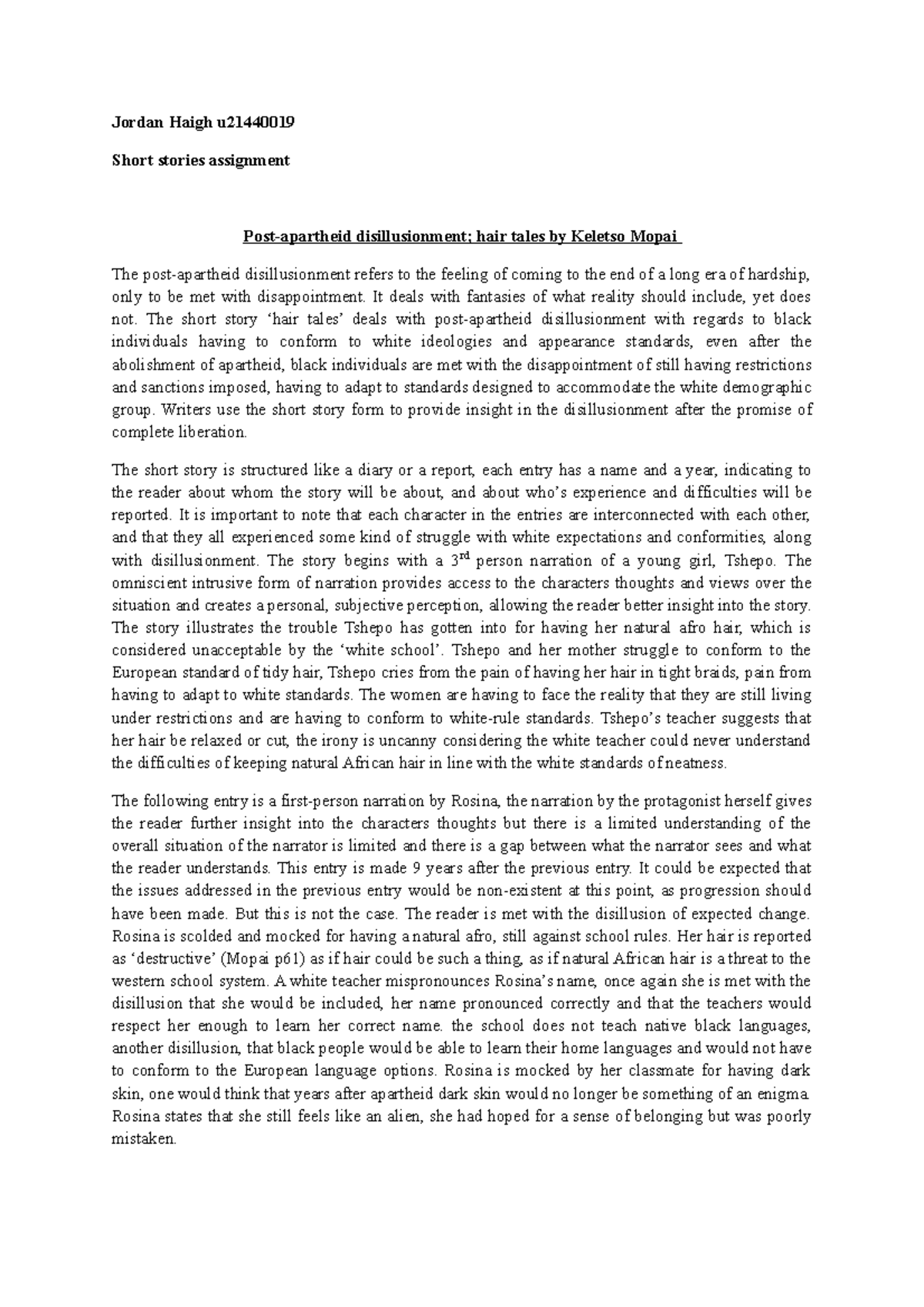 Short stories assignment hair tales - Jordan Haigh u Short stories ...