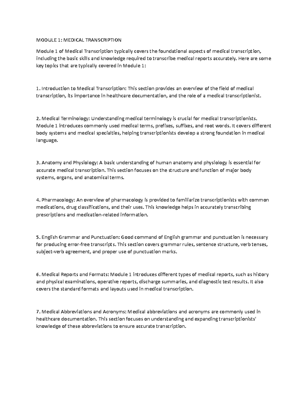 Module 1 Transcription - MODULE 1: MEDICAL TRANSCRIPTION Module 1 of ...