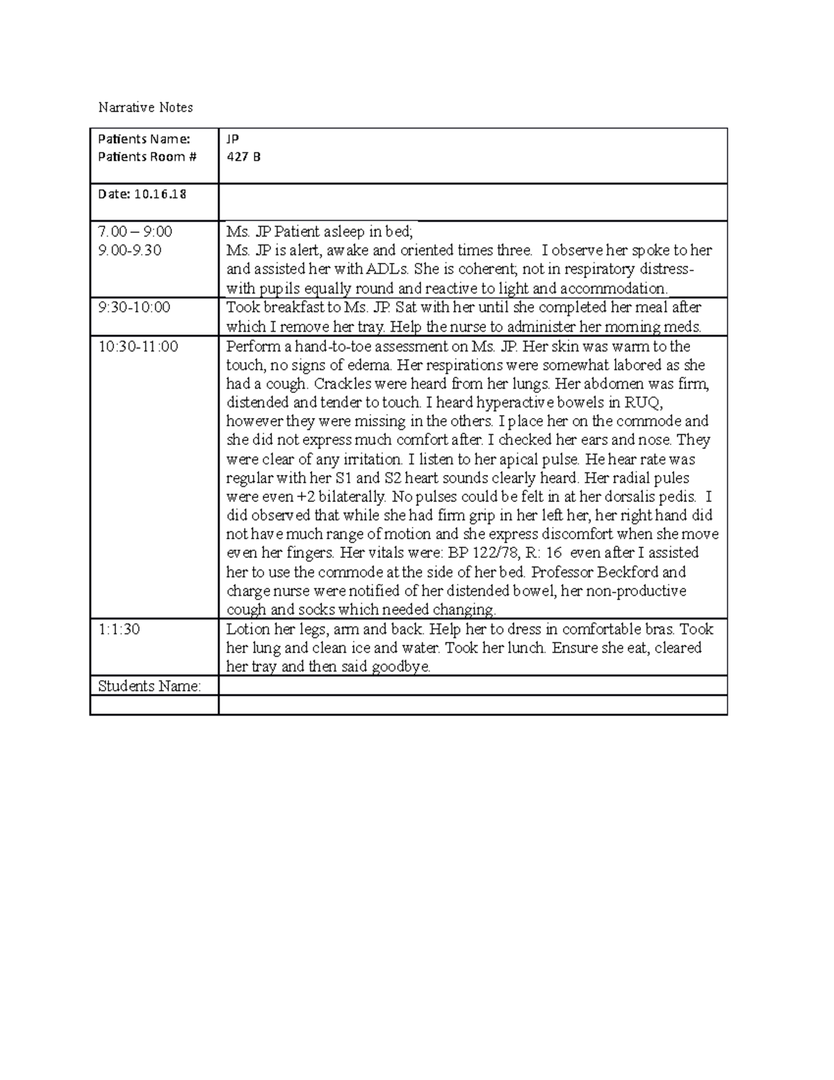 Patients Narrative Notes - Narrative Notes Pa琀椀ents Name: Pa琀椀ents Room ...
