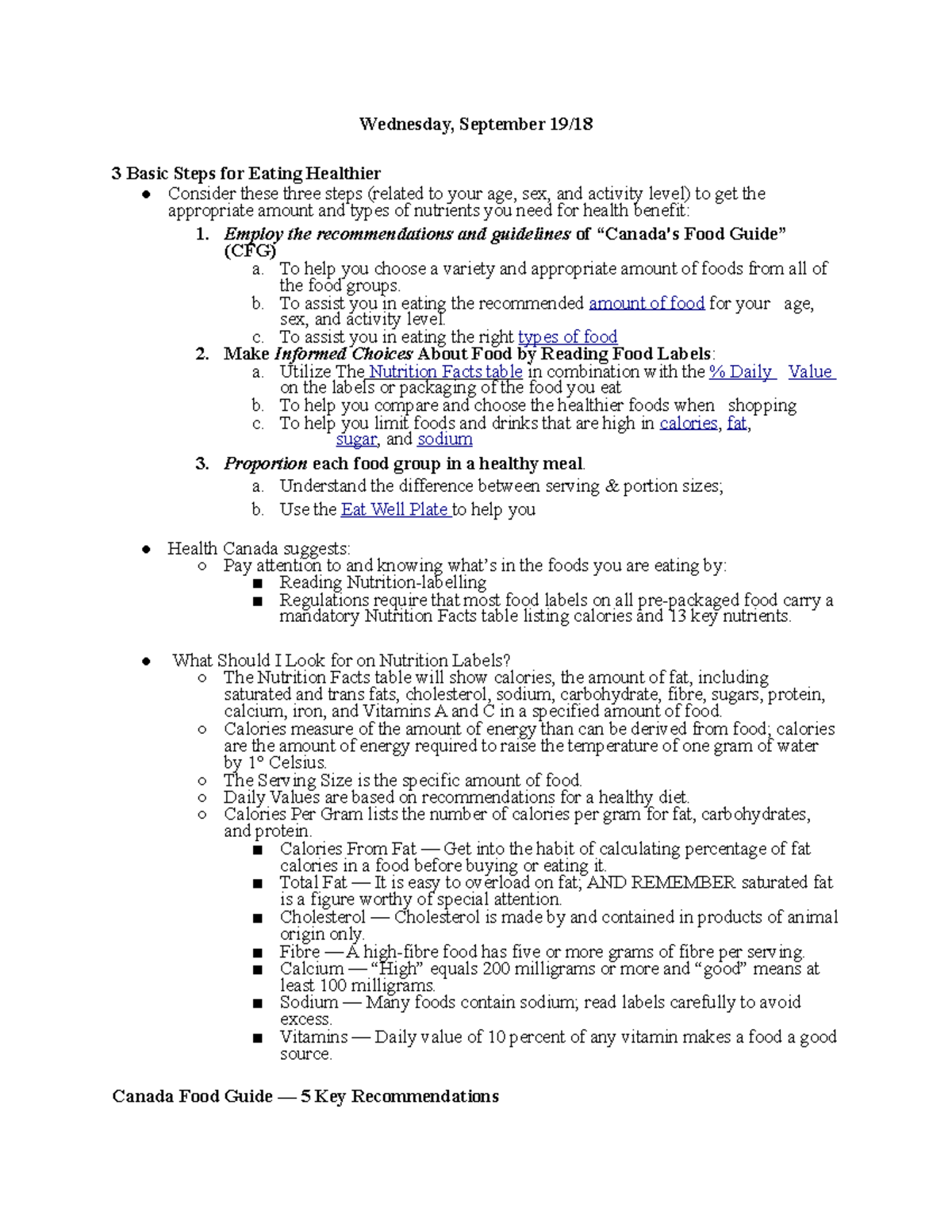 Healthy Eating - HE ED 110 - Wednesday, September 19/18 3 Basic Steps ...