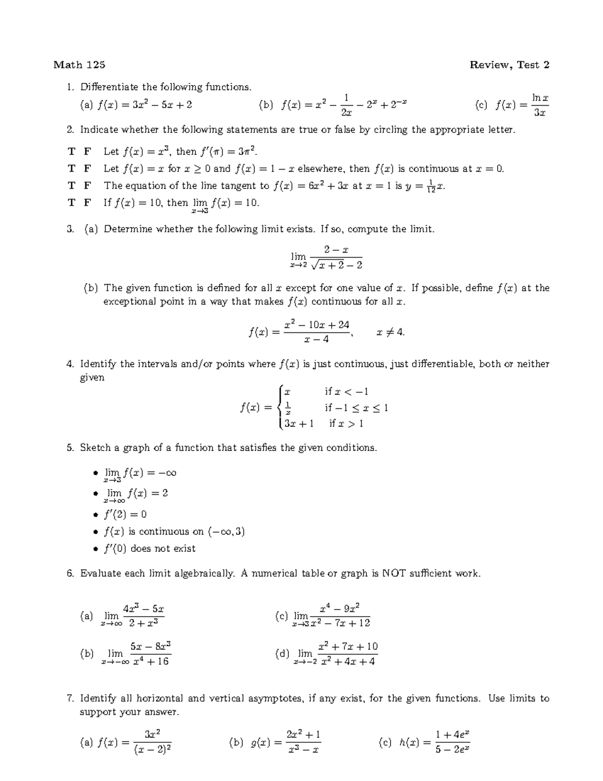 Review 2 - Math 125 Review, Test 2 Differentiate the following ...