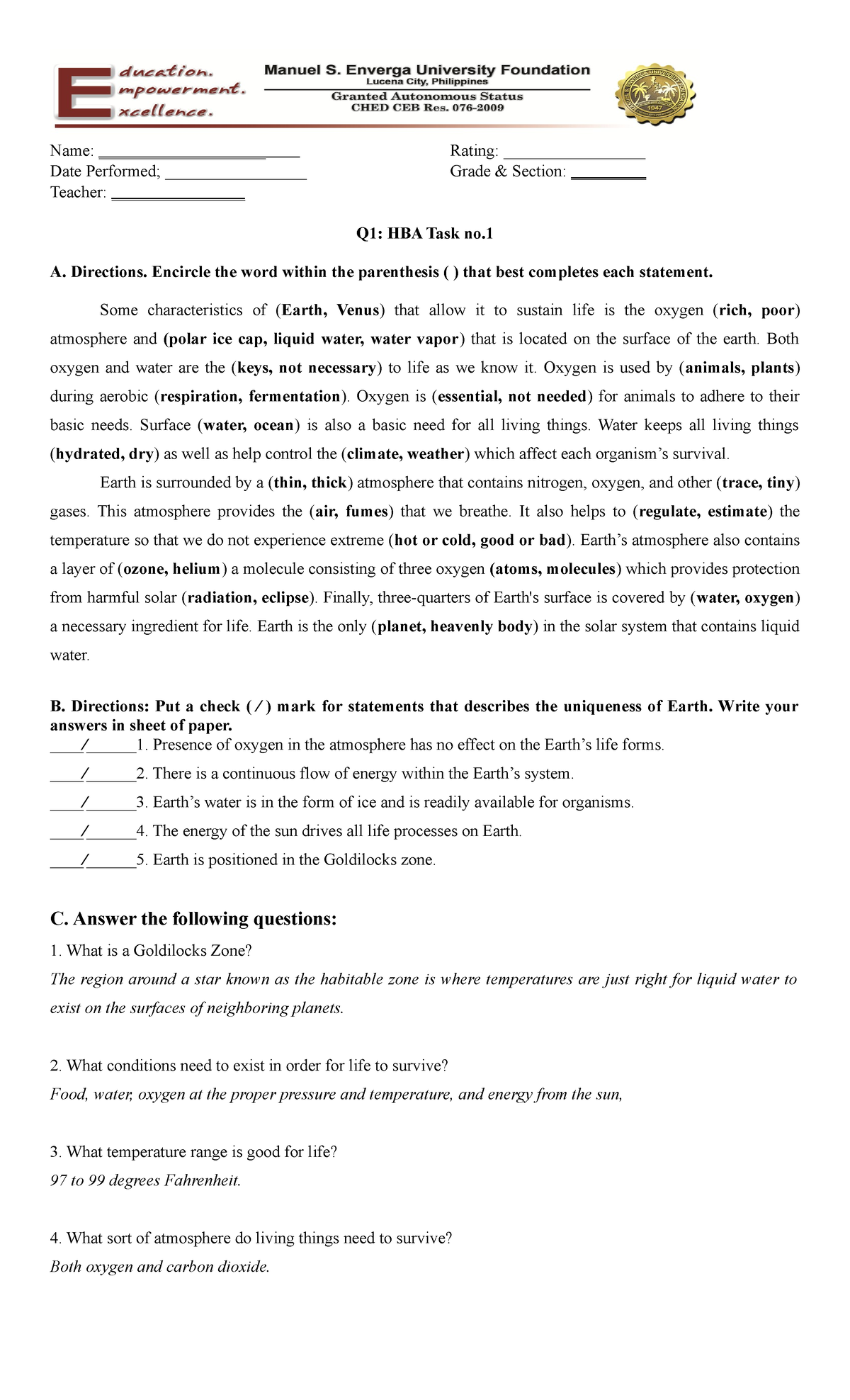 G11 Earth Science Q1 HBA W12 Task no - Name ...