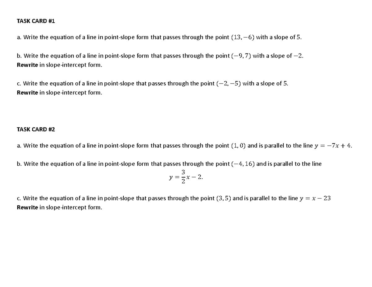 Quiz Review Writing Linear Equations Task Cards - TASK CARD a. Write ...