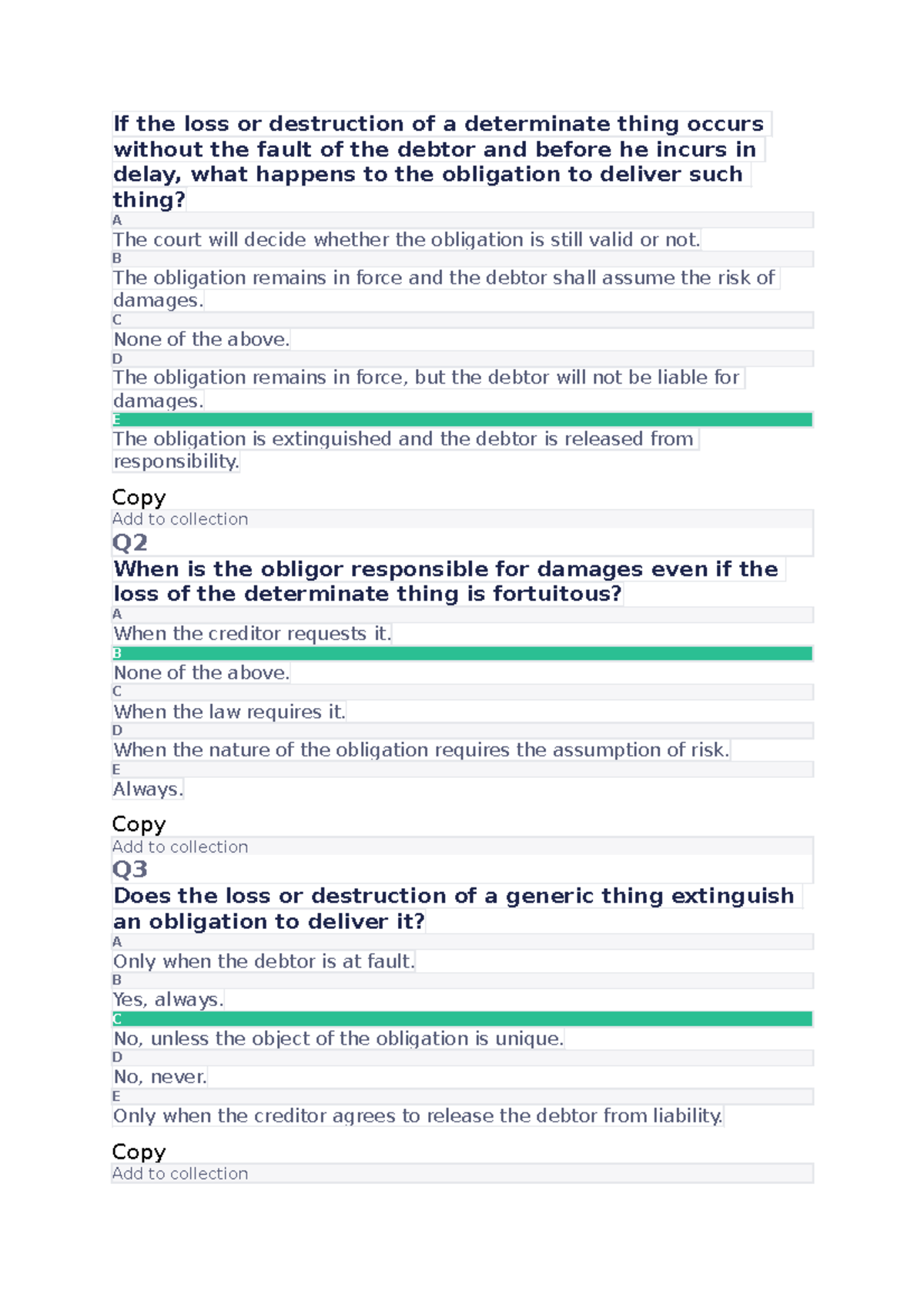 Law question - notes for law - If the loss or destruction of a ...