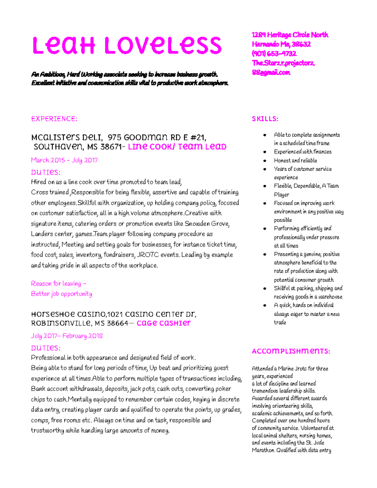 Resume 2021 Leah Loveless - Leah Loveless An Ambitious, Hard Working associate seeking to ...