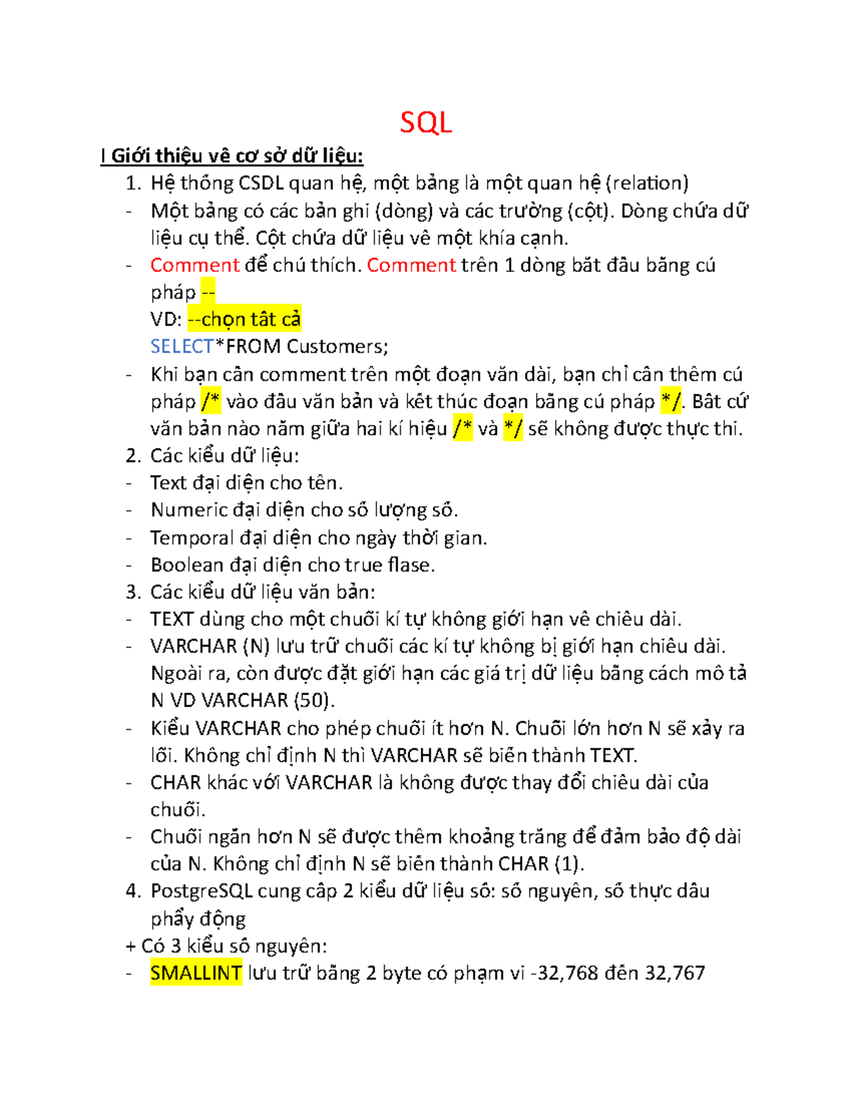 SQL - sql - SQL I Gi ới thi u vềề c ệ ơ s ở d ữ li u:ệ 1. H ệ thốống CSDL quan h , m t b ng là m ...
