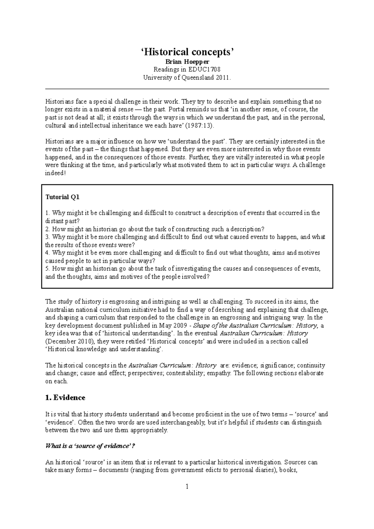 Brian Hoepper 2011 'Historical Concepts' EDUC 1708 UQ-1 - Brian Hoepper ...