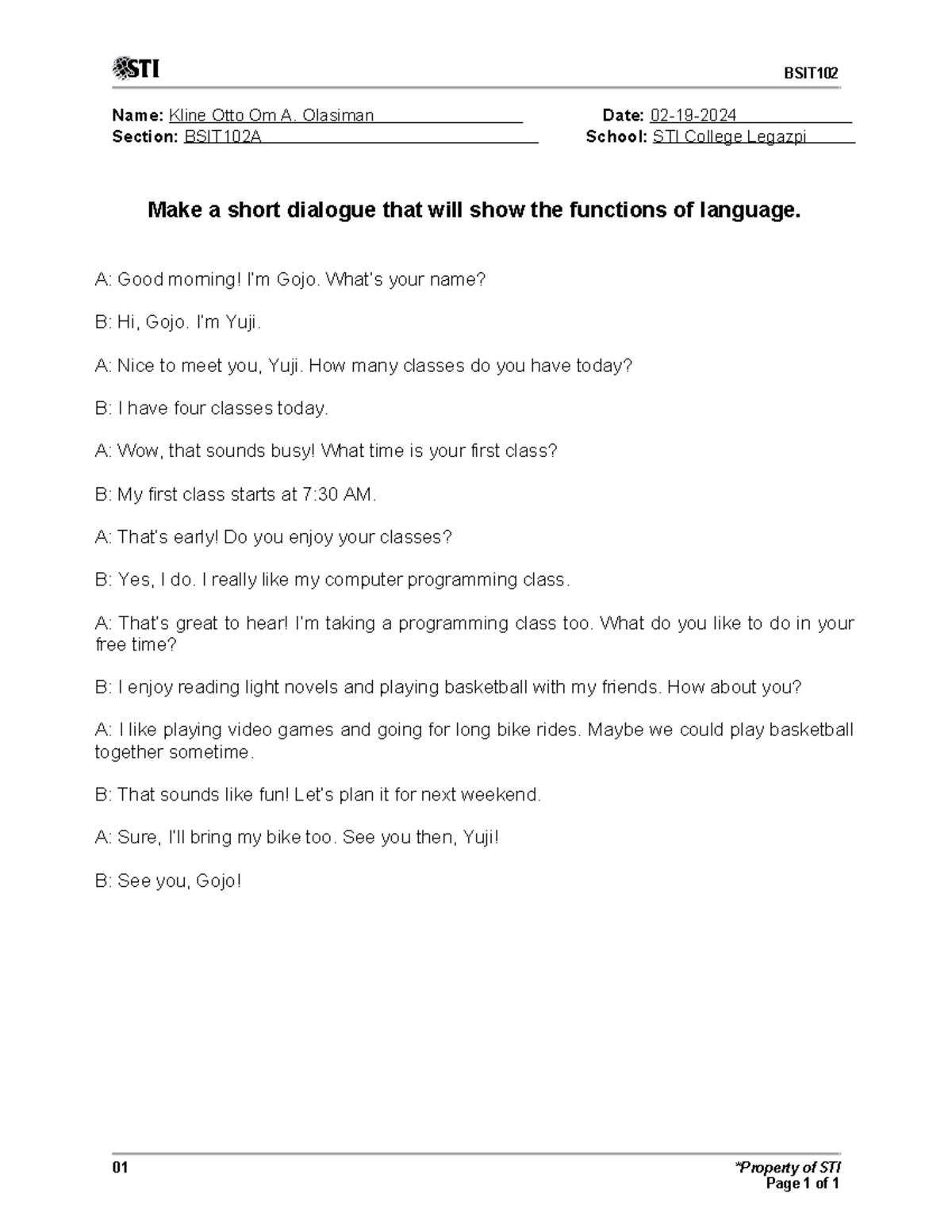 Sample activity - yes yes - BSIT Name: Kline Otto Om A. Olasiman Date ...