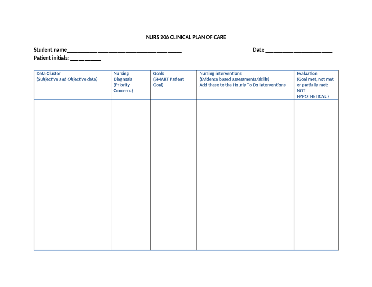 Care Plan 2023 Template Clinical Version - NURS 206 CLINICAL PLAN OF ...