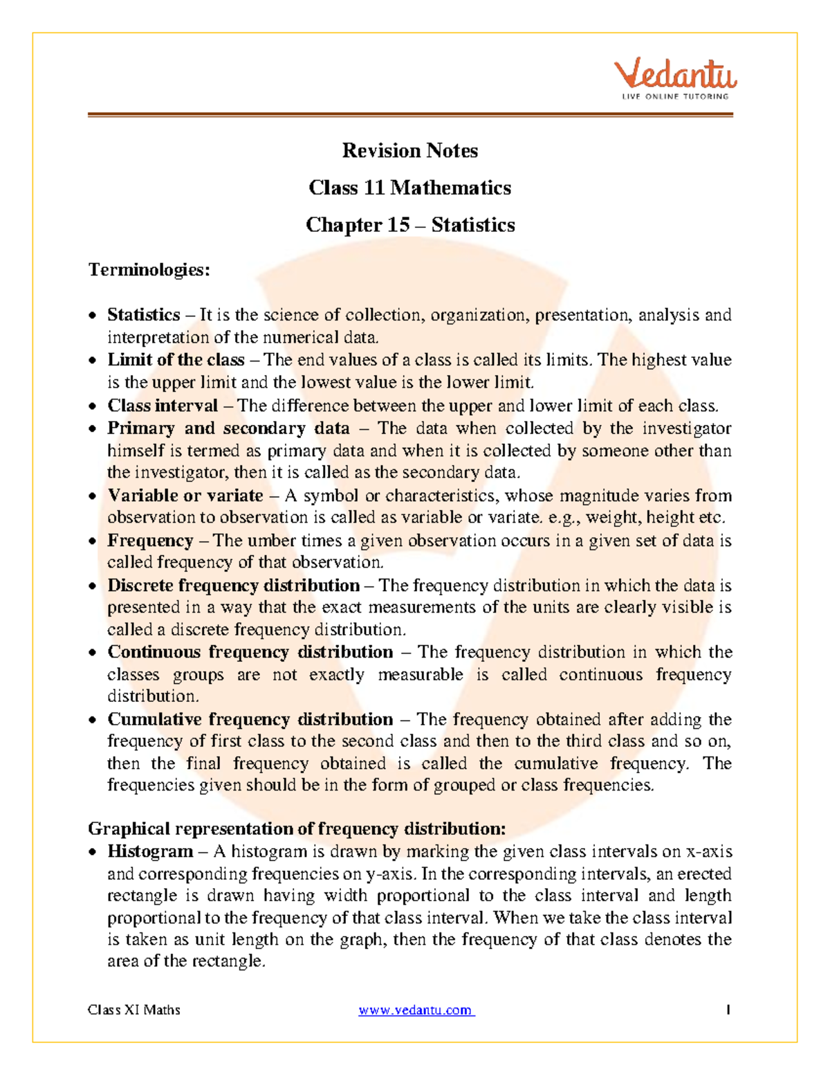 Class 11 Revision Notes Statistics Revision Notes Class 11 Mathematics Chapter 15 Statistics 