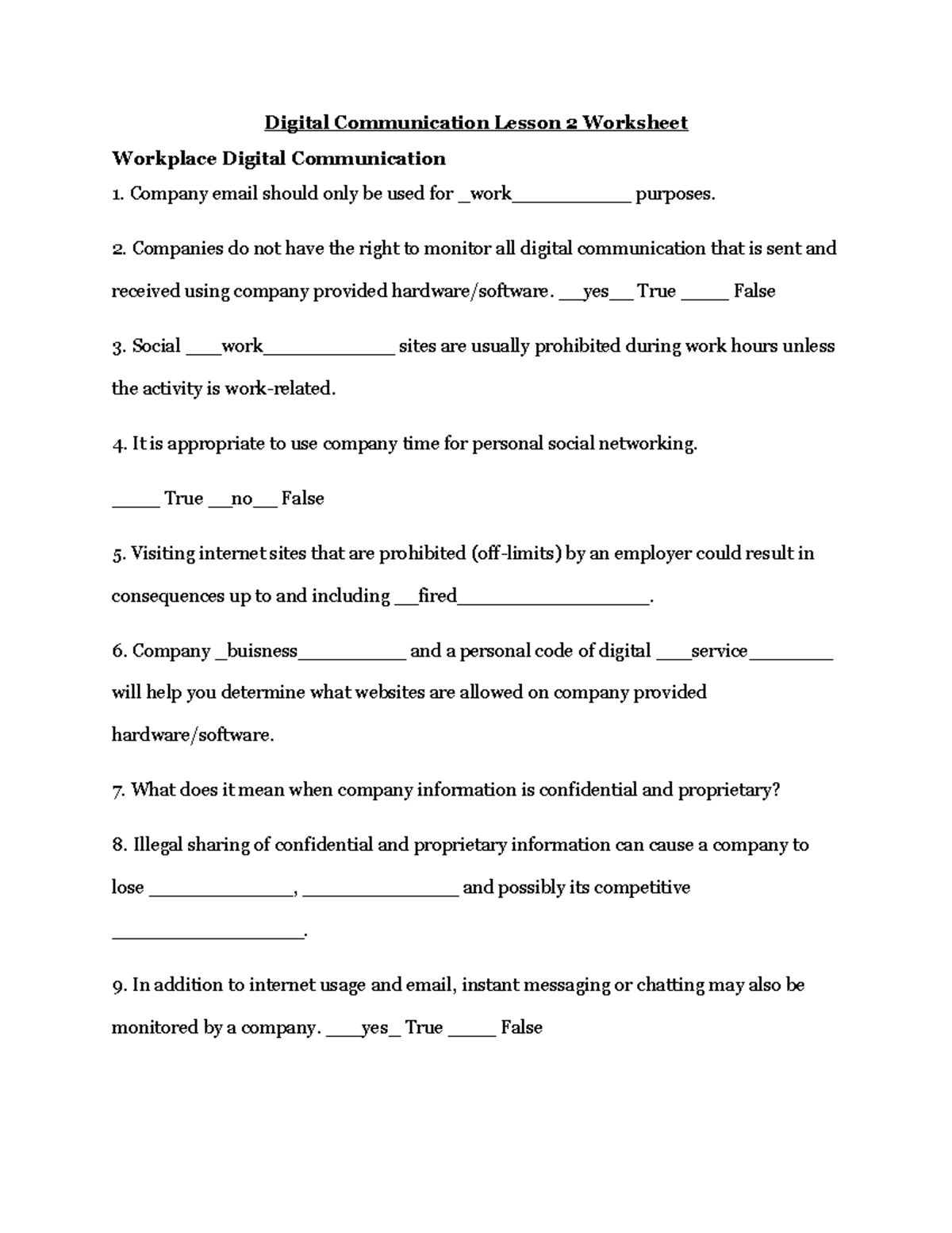 10 - Digital Communication Lesson 2 Worksheet - Digital Communication ...