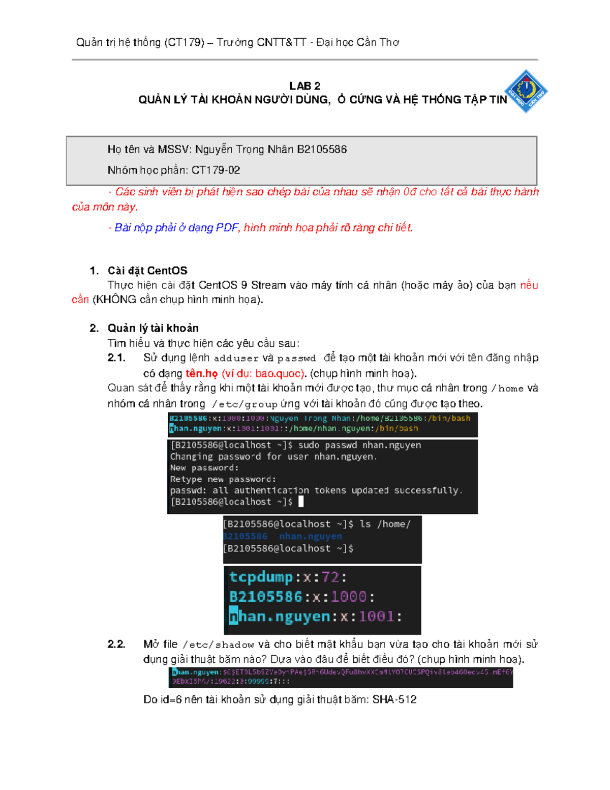 Lab2 Nguyen Trong Nhan B2105586 - LAB 2 QUẢN LÝ TÀI KHOẢN NGƯỜI DÙNG, Ổ CỨNG VÀ HỆ THỐNG TẬP TIN ...