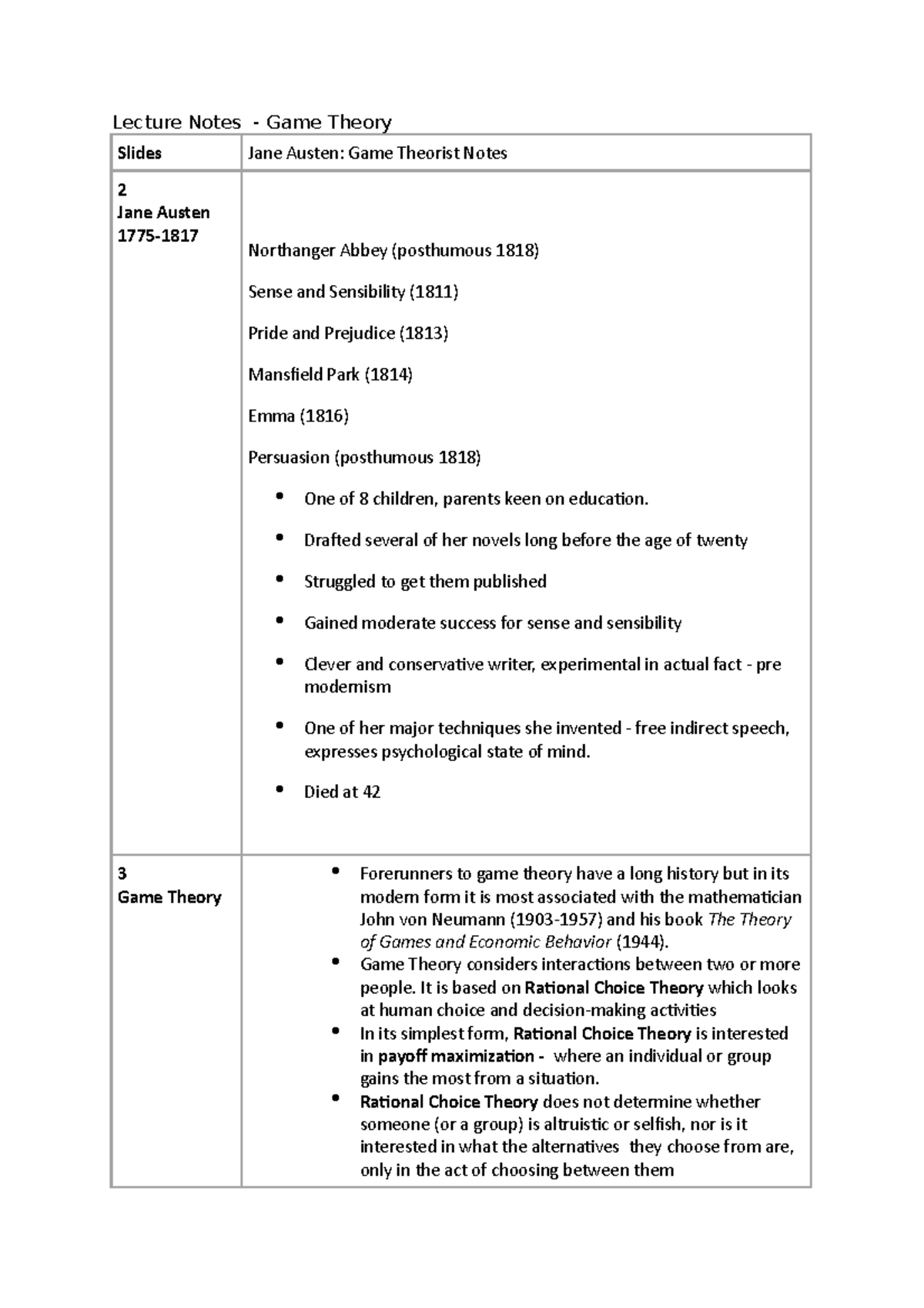 Lecture Notes Game Theory Lecture Notes Game Theory Slides Jane
