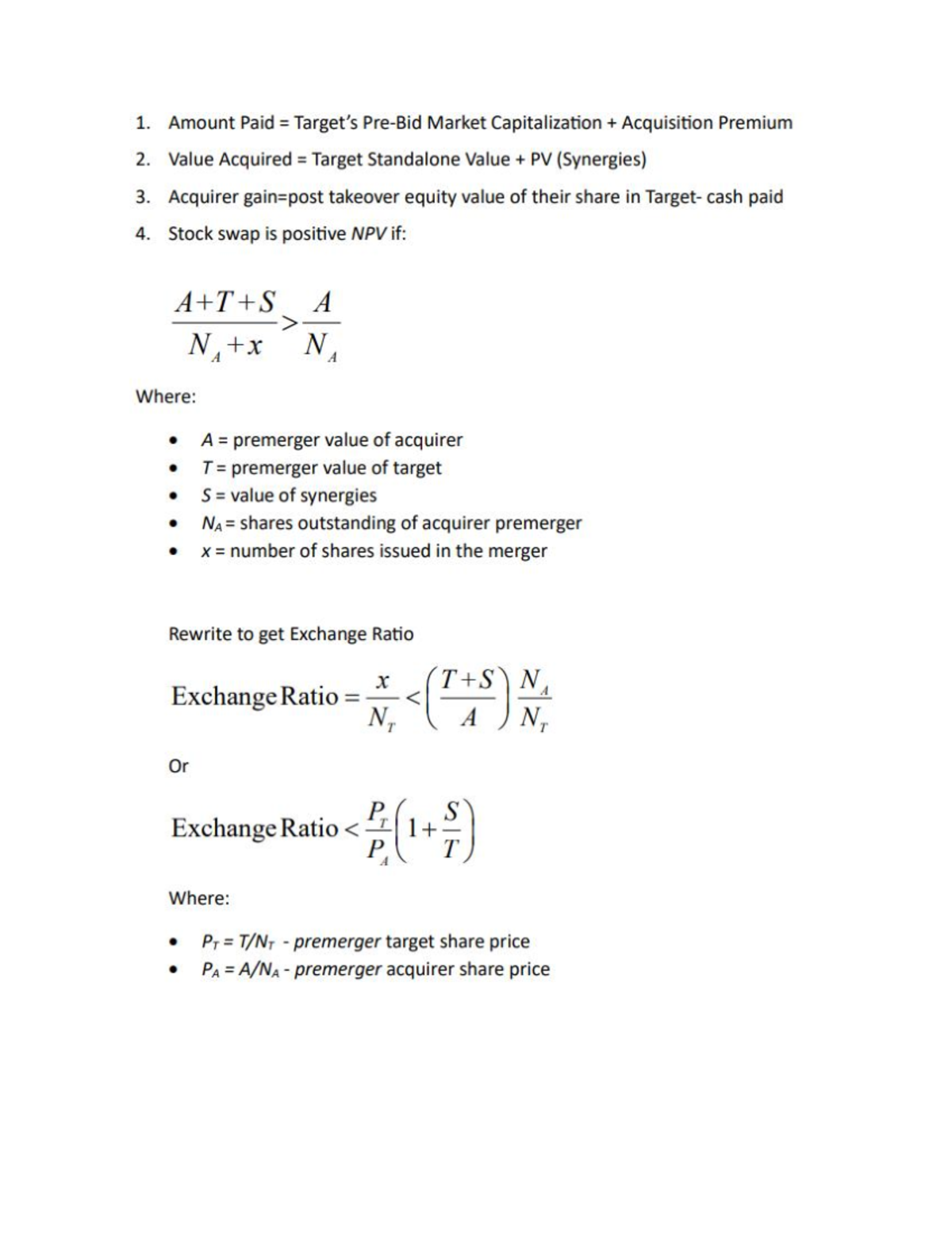 Formula sheet - 1. Amount Paid Market Capitalization Acquisition ...