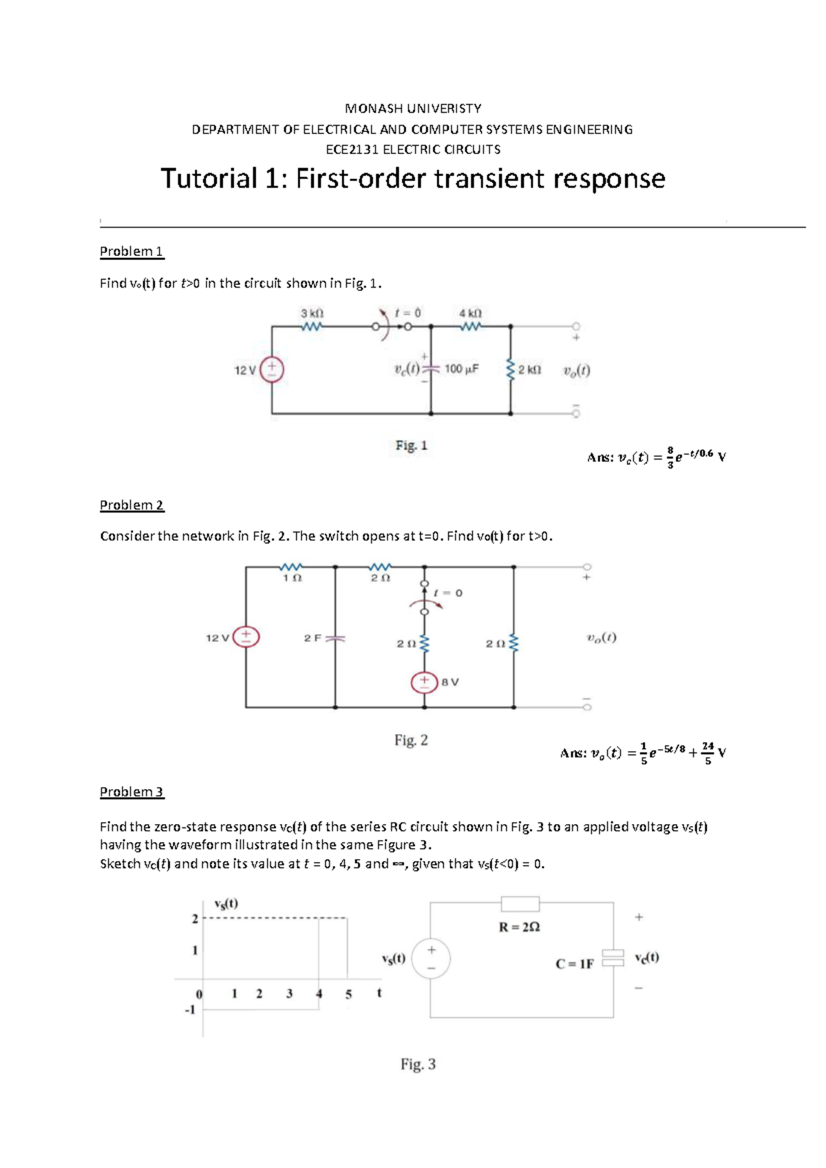 Ece2131 Tutorial 1 Week 2 First Order Transient Response Monash Univeristy Department Of