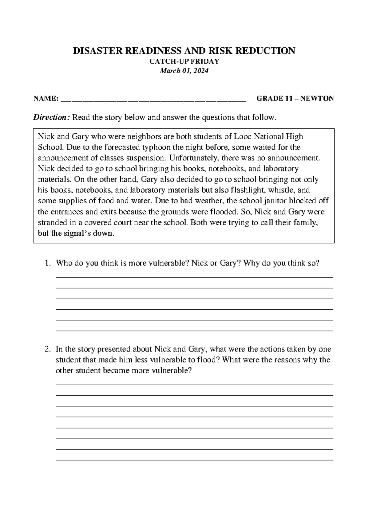 DRRR catch up 4 - for activity purposes - DISASTER READINESS AND RISK ...