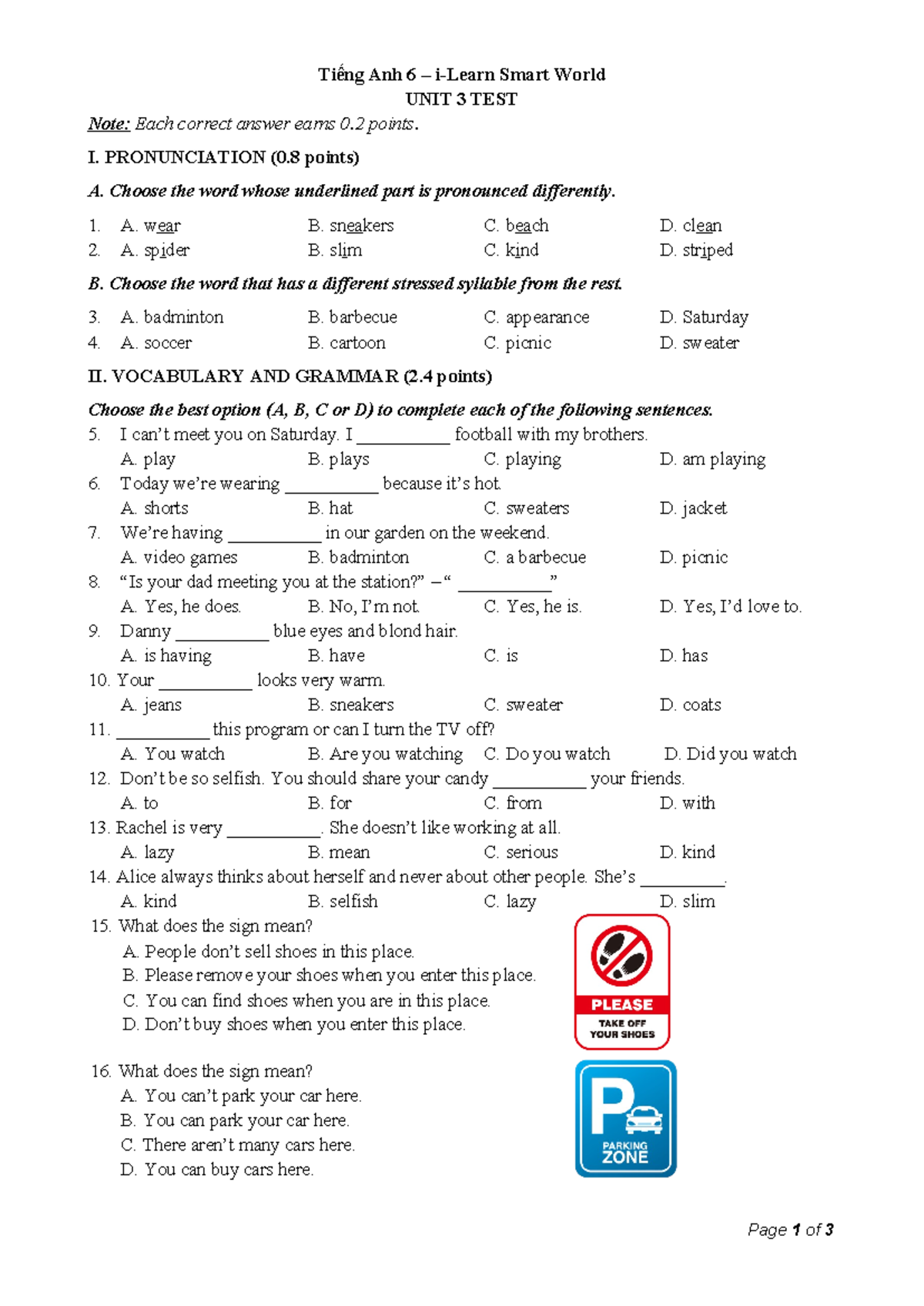 Unit 3 Test - Unit 3 Test- smart world 6 - Tiếng Anh 6 – i-Learn Smart ...