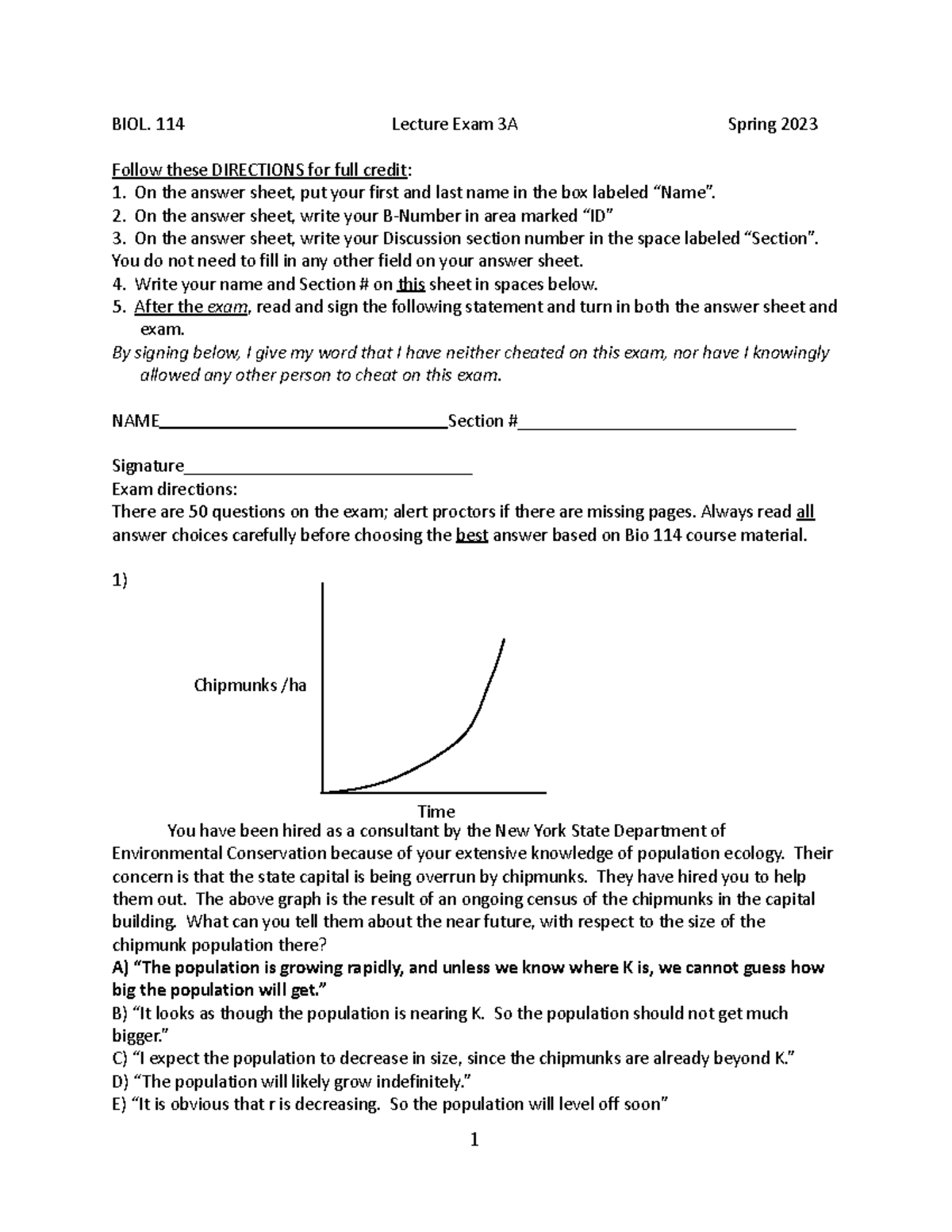E3A key - exam 3 answer key - BIOL. 114 Lecture Exam 3A Spring 2023 ...