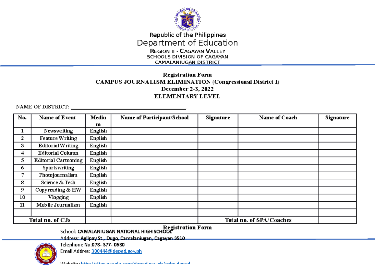 Elementary Level Registration FORM CD1 Journalympics Elimination ...