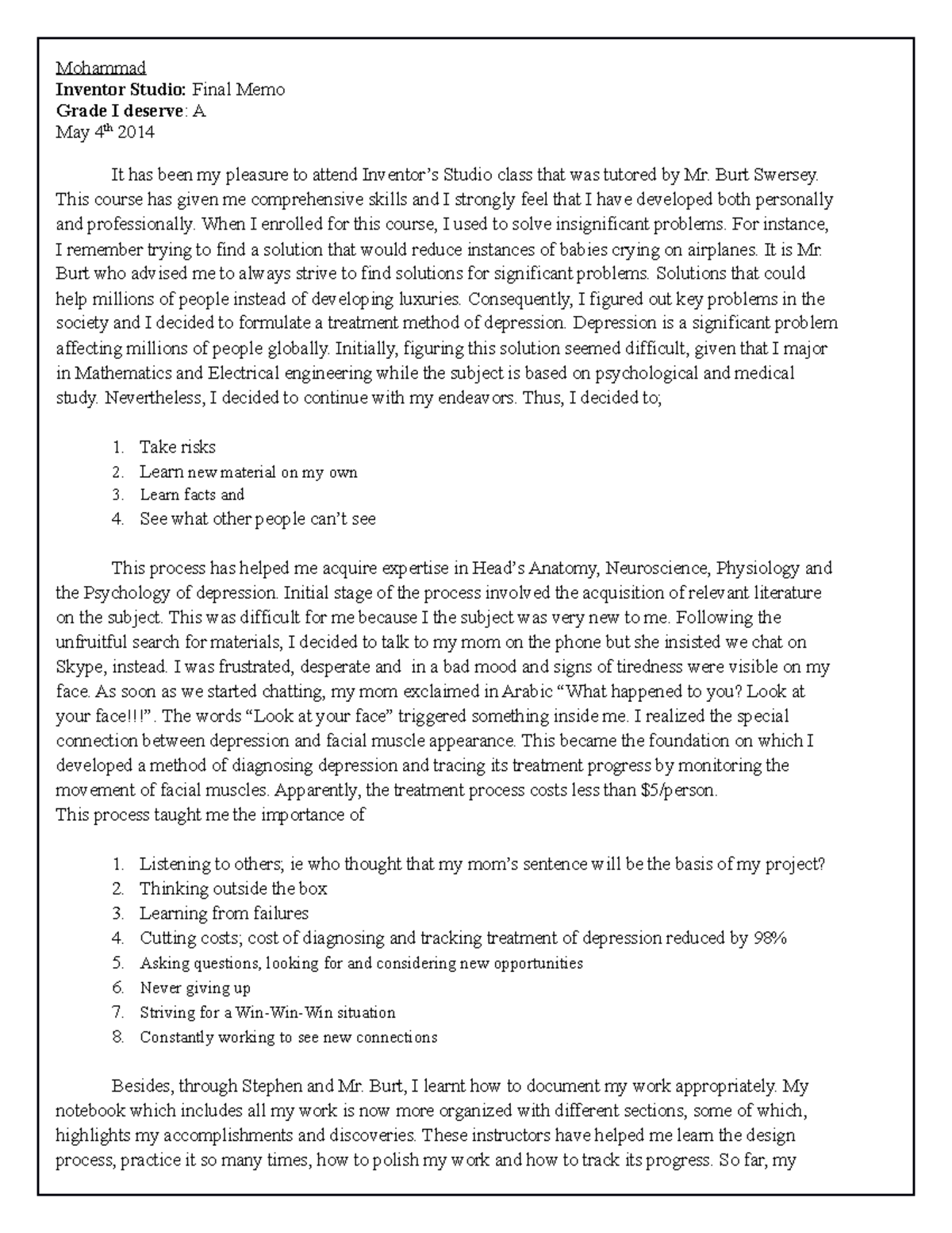 Proofreading a simple essay - Mohammad Inventor Studio: Final Memo ...