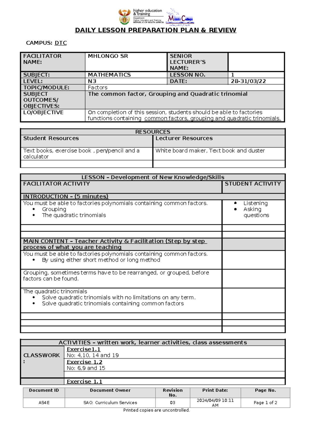 Maths N3 1 Lesson Plan (VN) T 03 - DAILY LESSON PREPARATION PLAN ...