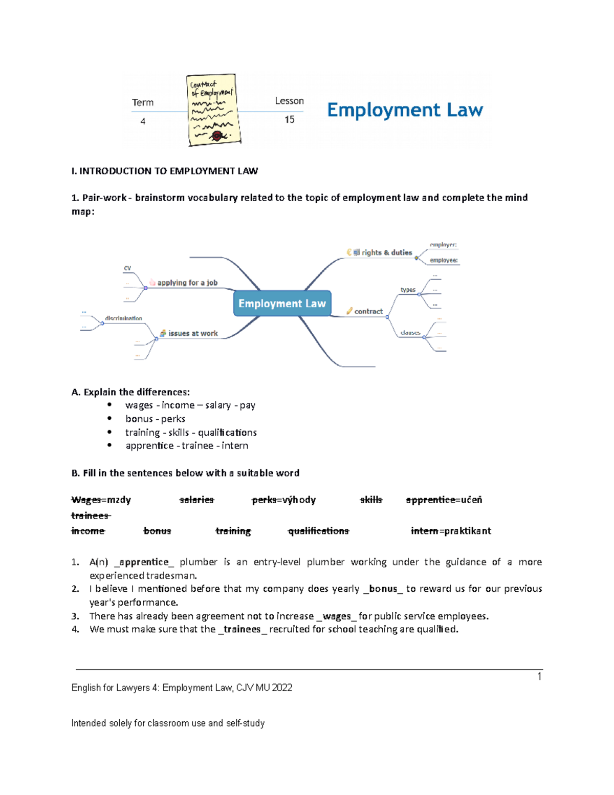 Lesson 15 Employment Law - I. INTRODUCTION TO EMPLOYMENT LAW Pair-work ...