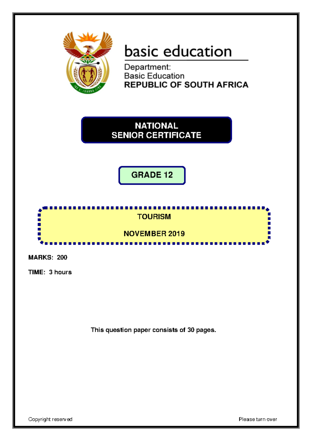 Tourism Nov 2019 Eng - I want to improve my grade - MARKS: 200 TIME: 3 ...